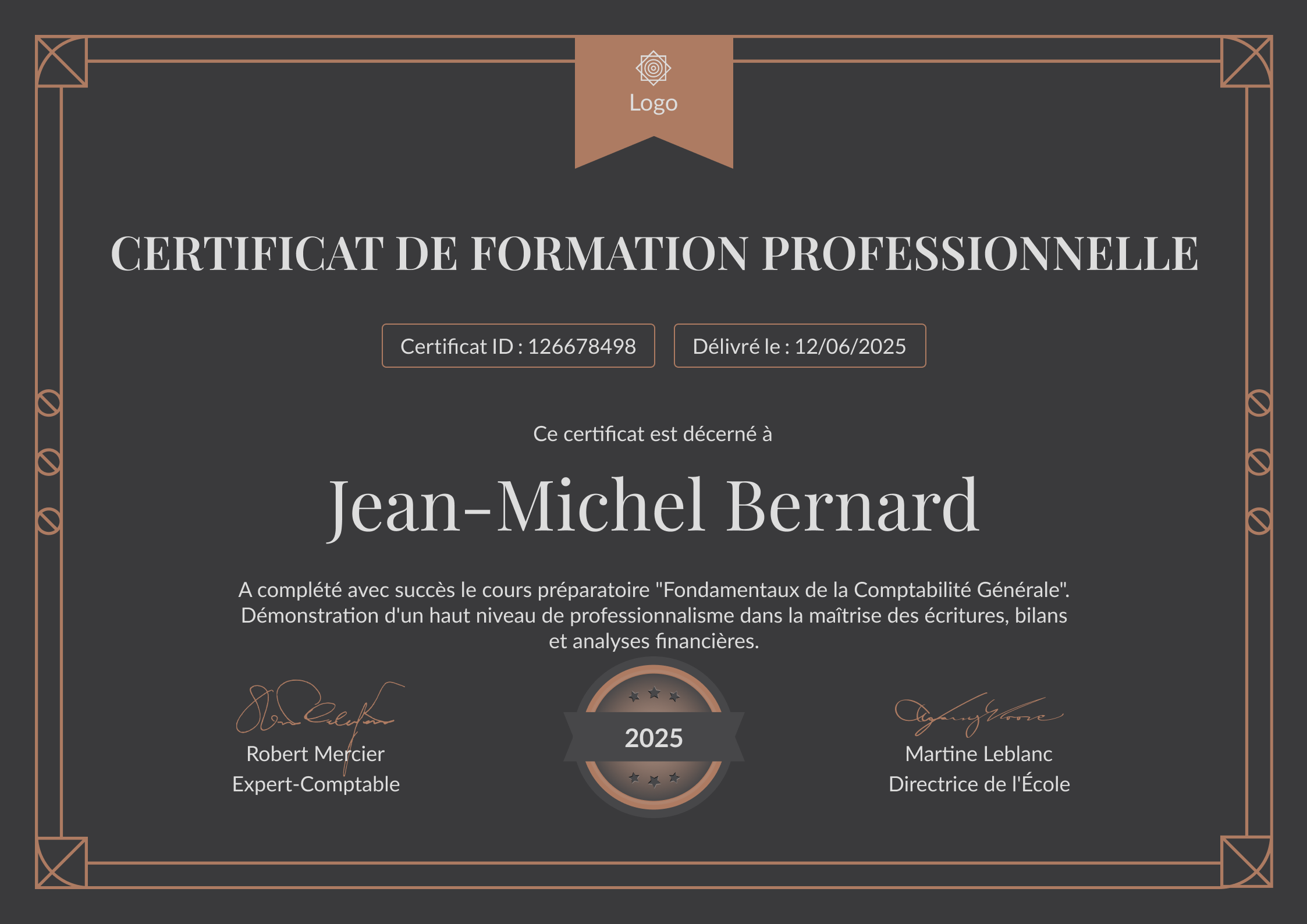 Modèle certificat de réalisation formation professionnel et sombre
