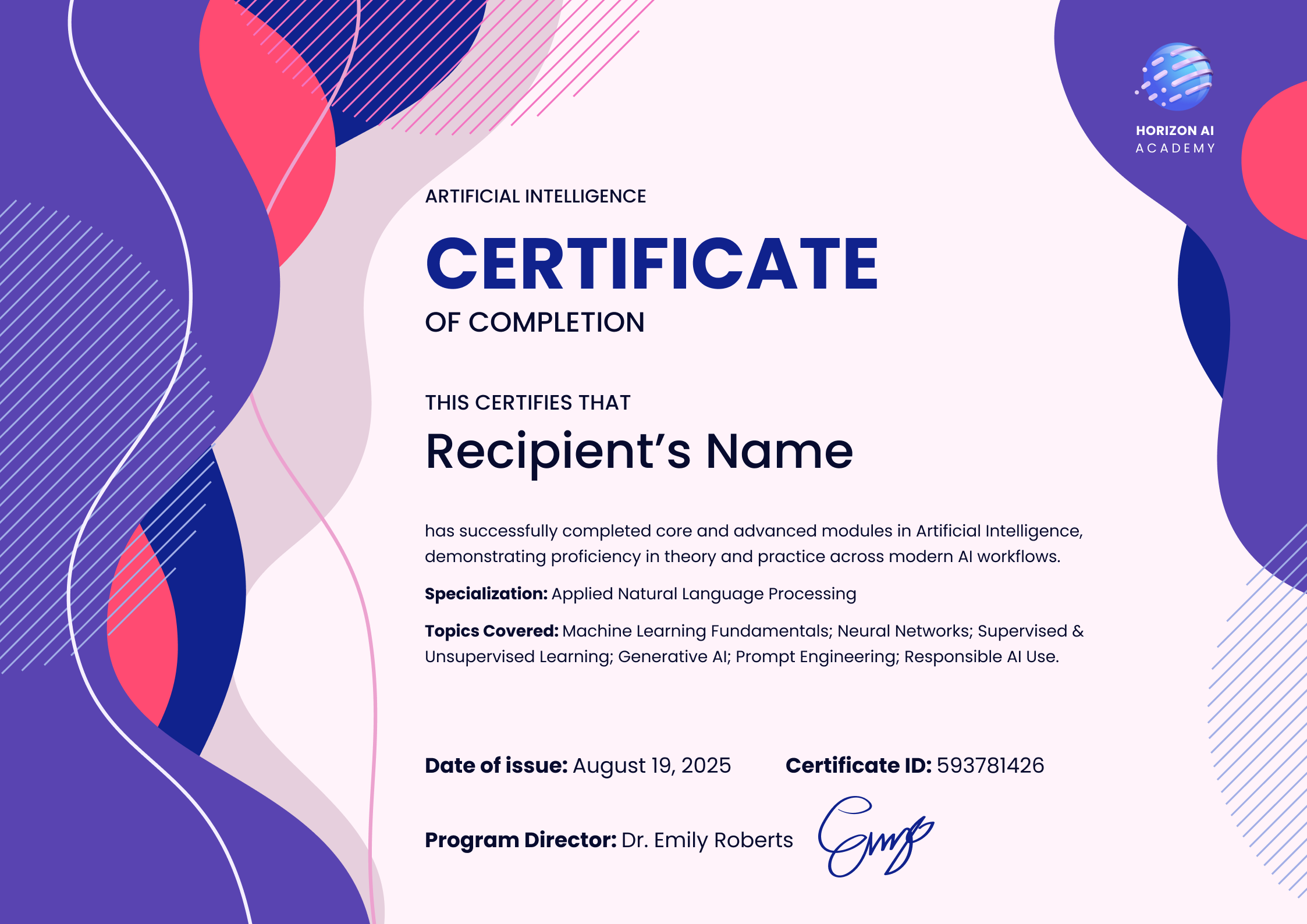 Modern and abstract AI certificate template
