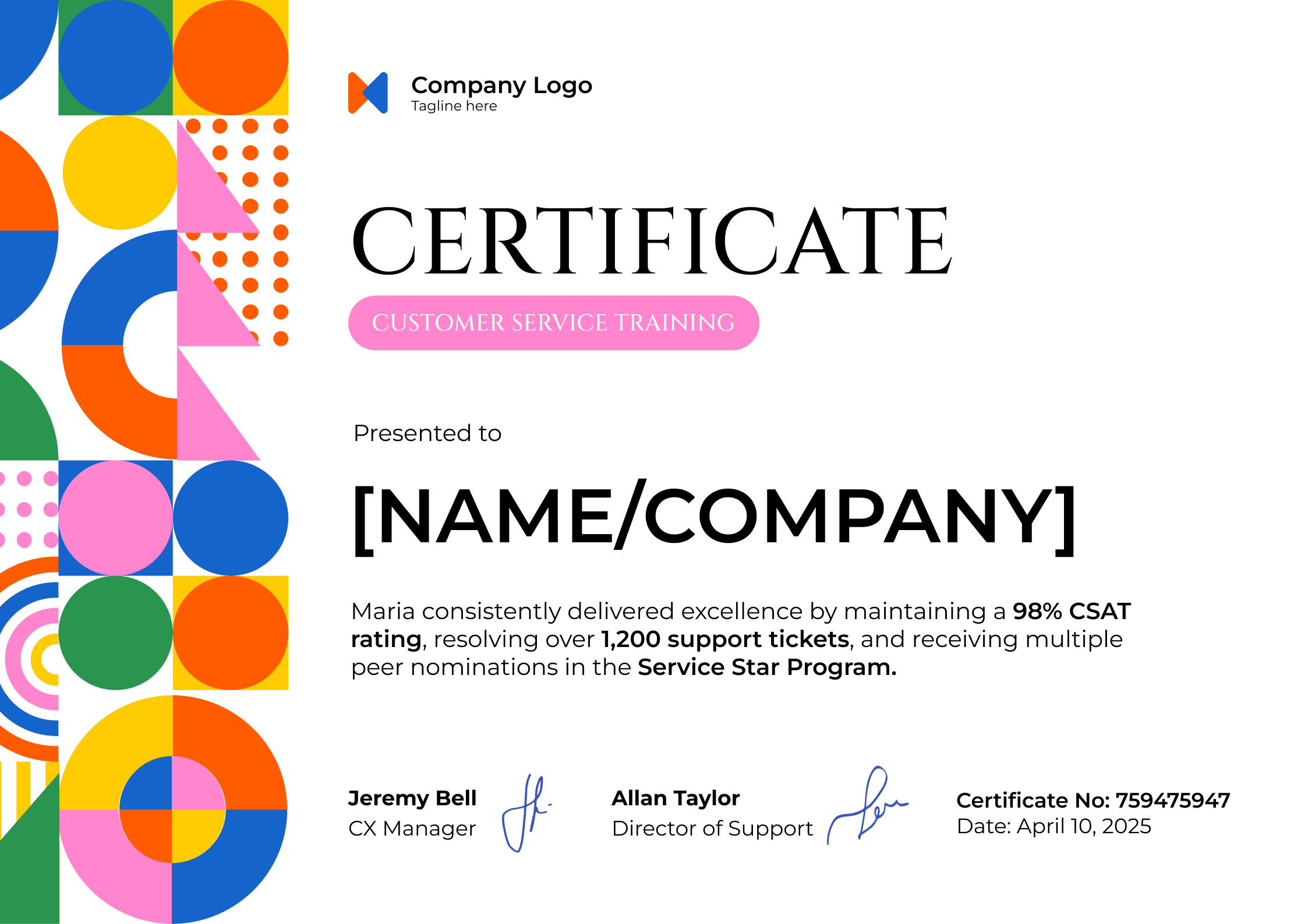 Modern and abstract customer service certificate template