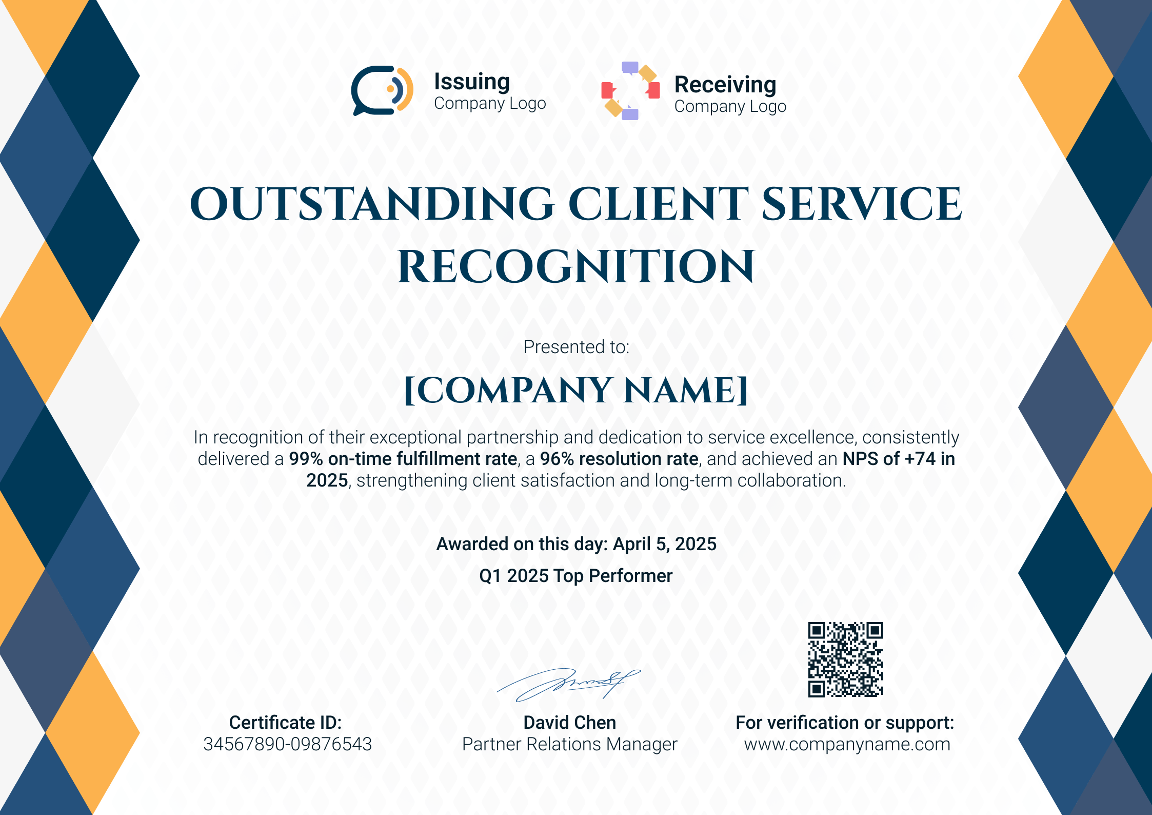 Simple and decorative customer service certificate template
