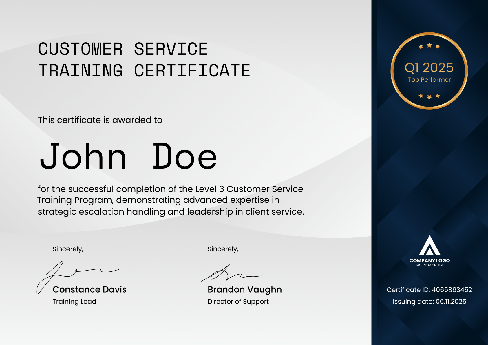 Professional clean customer service certificate template