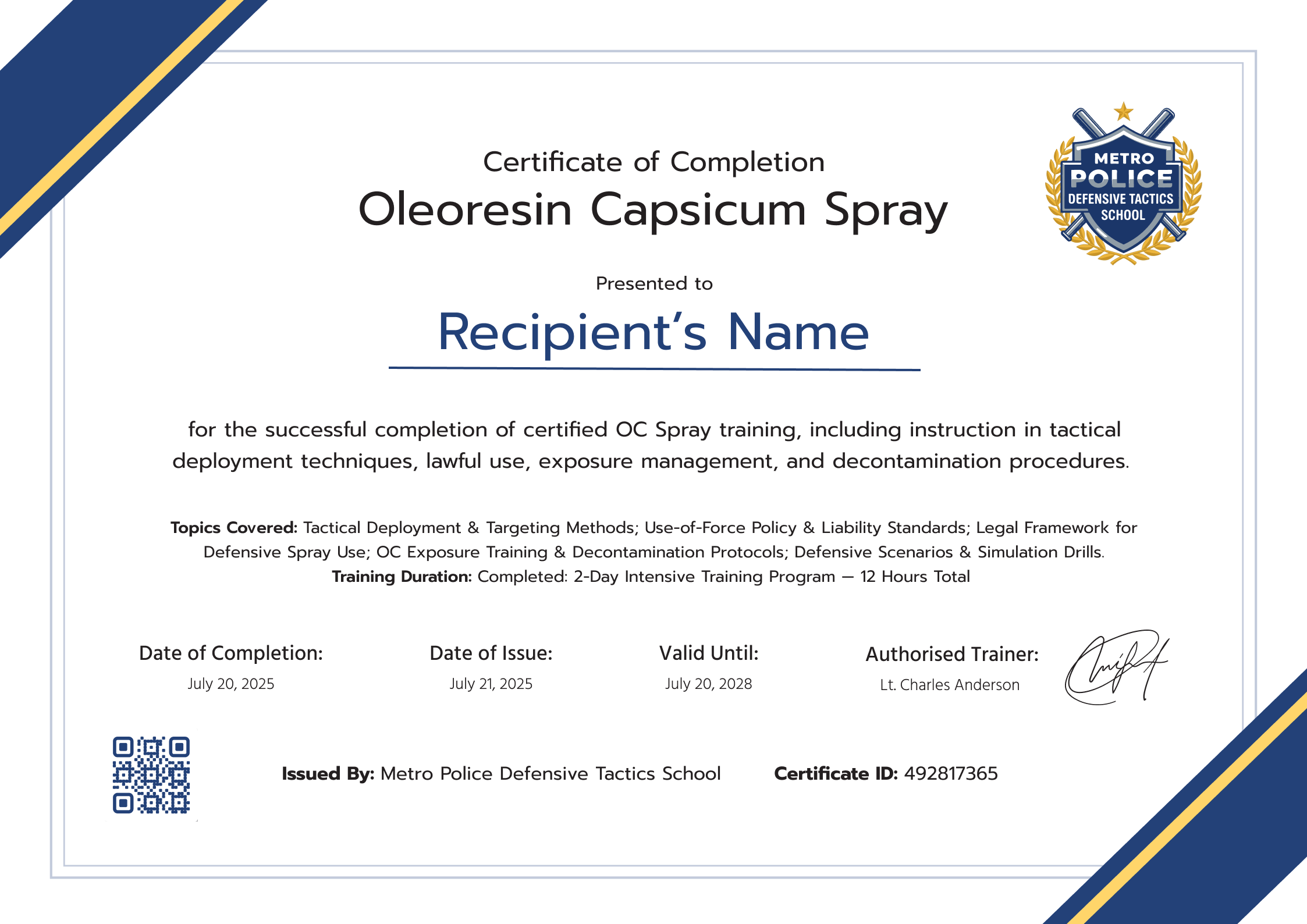 Professional and bold pepper spray certification template