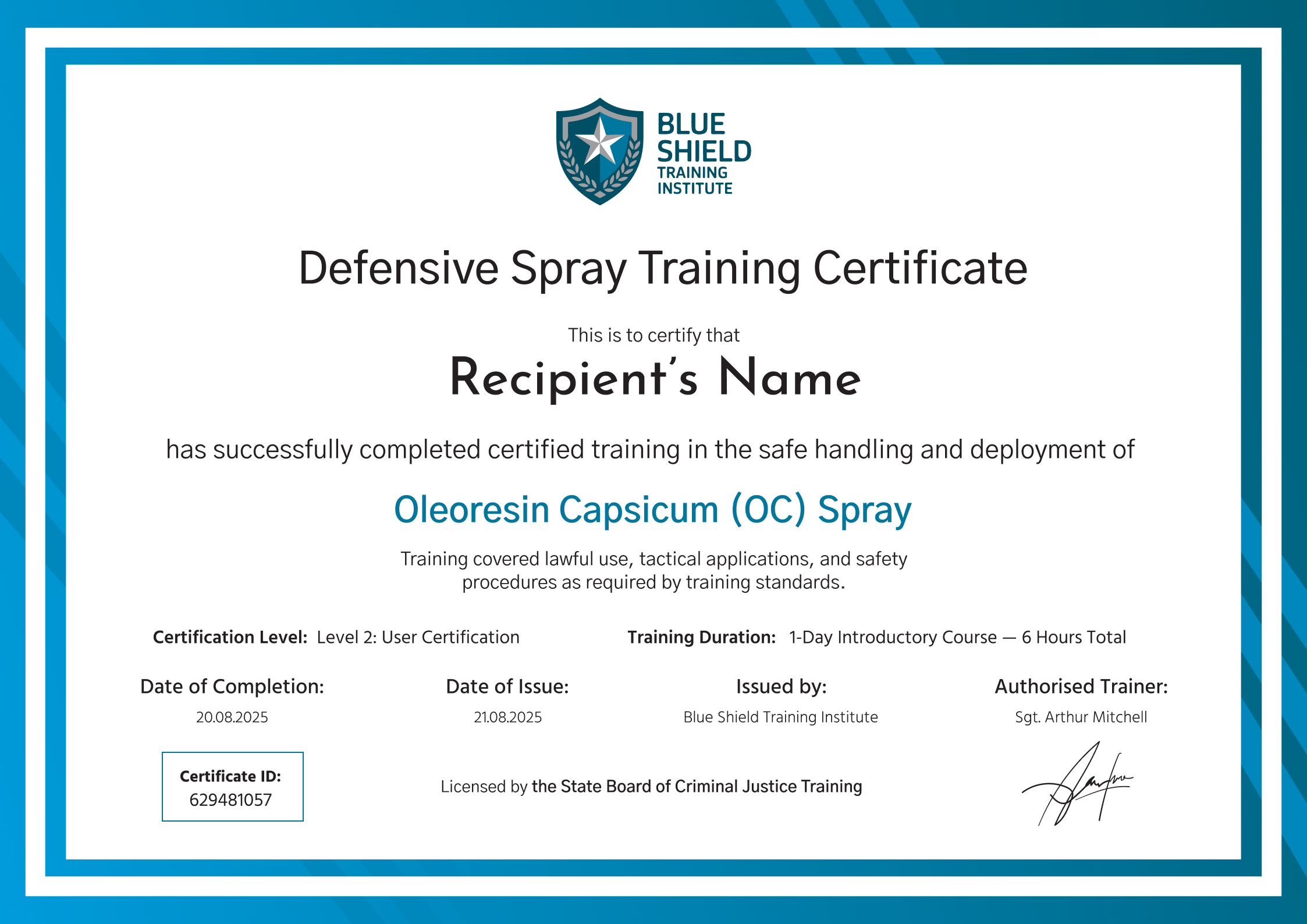 Professional and framed OC certification template