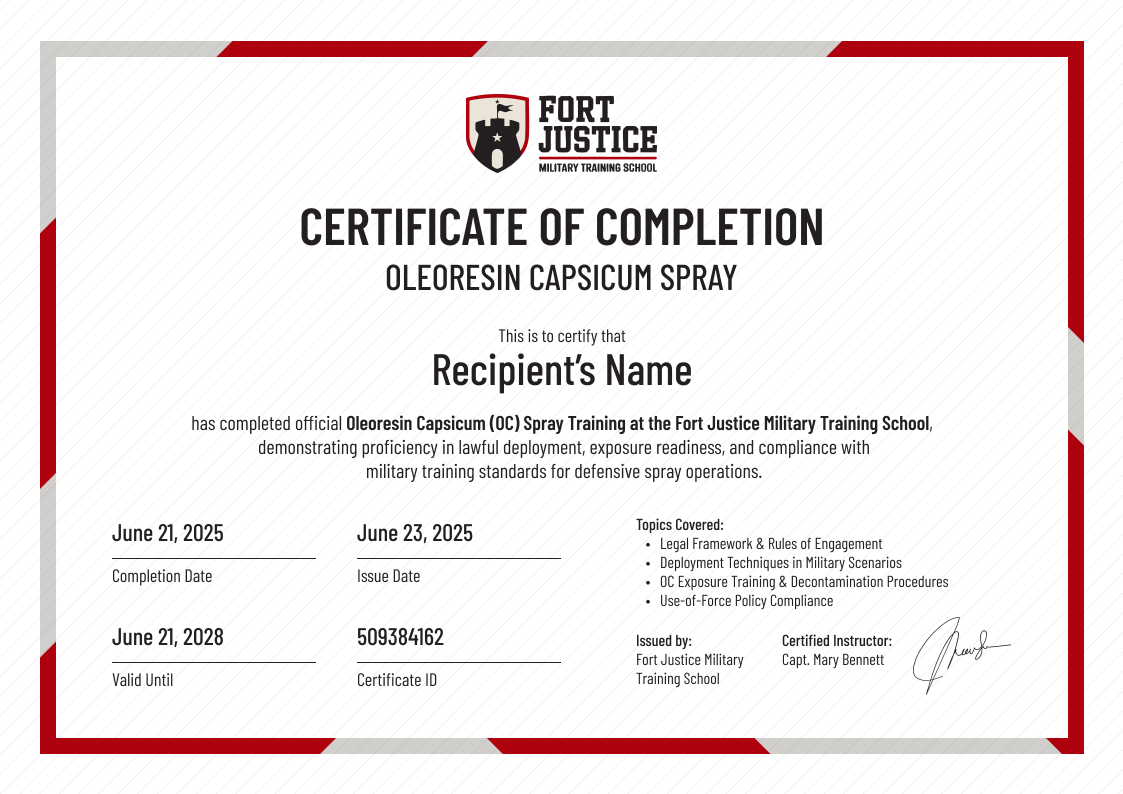 Professional and contrasted OC spray certificate template