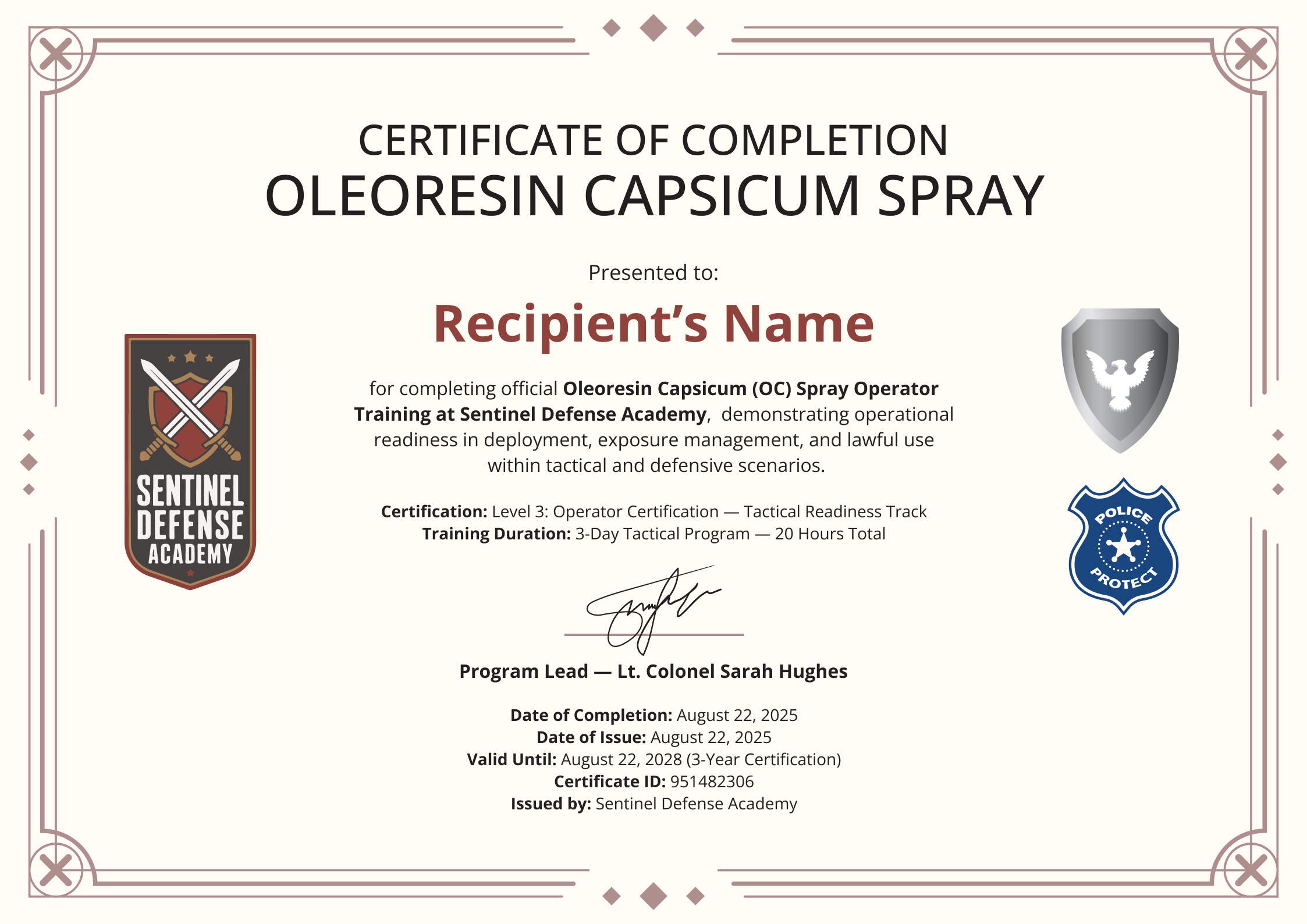 Professional and striking pepper spray certificate template