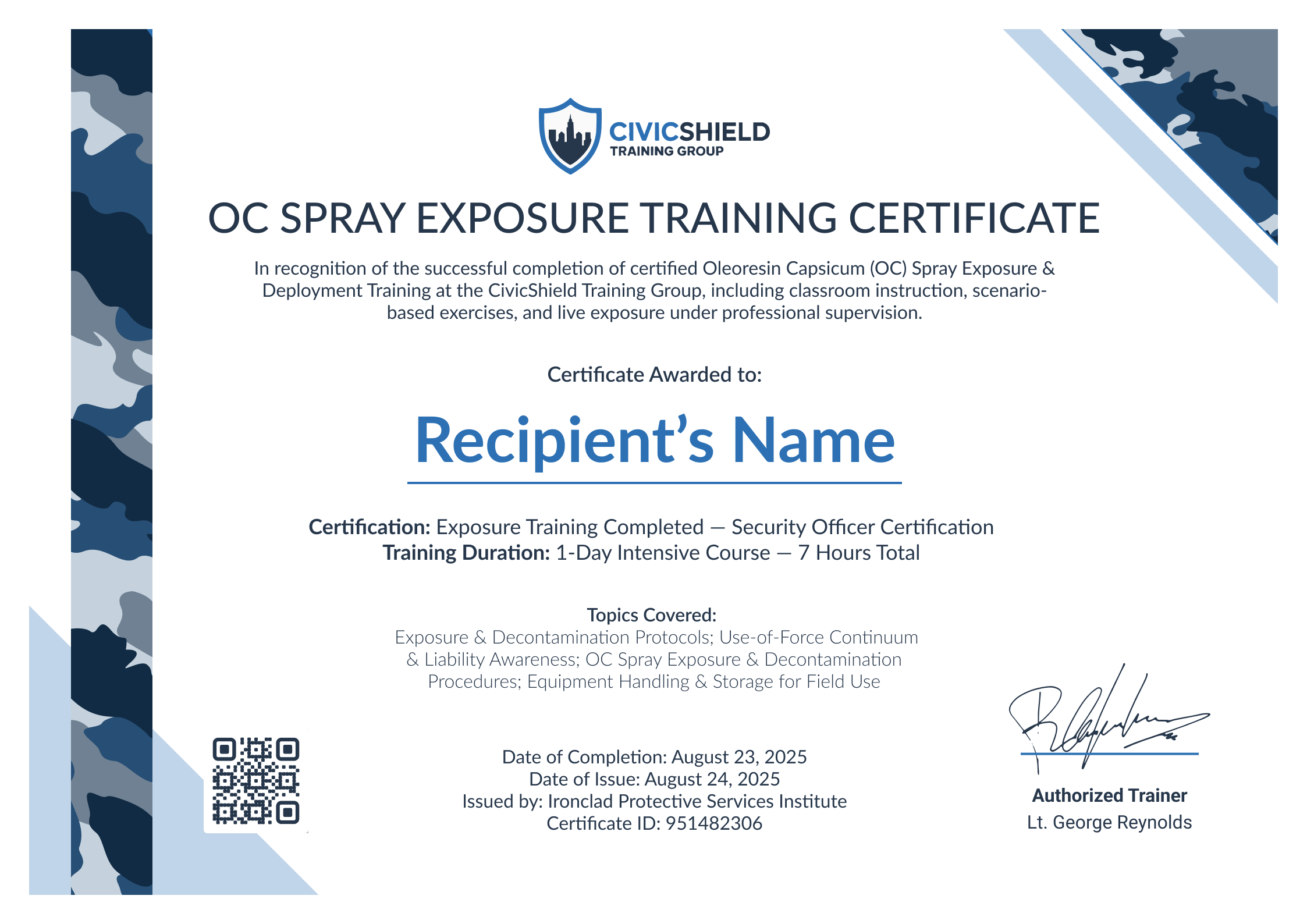 Professional and decorative OC spray certificate template