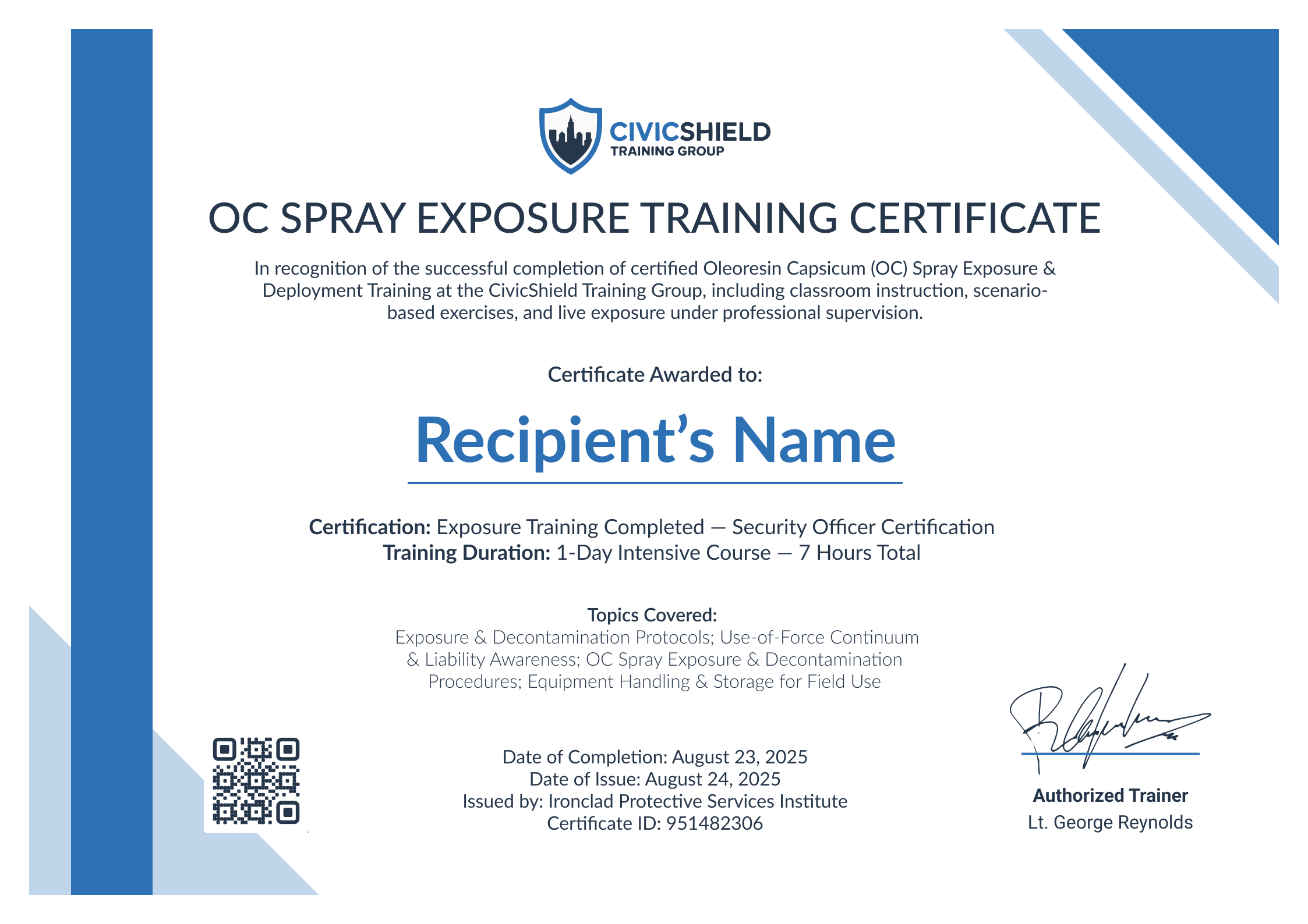 Professional and dynamic OC spray certificate template