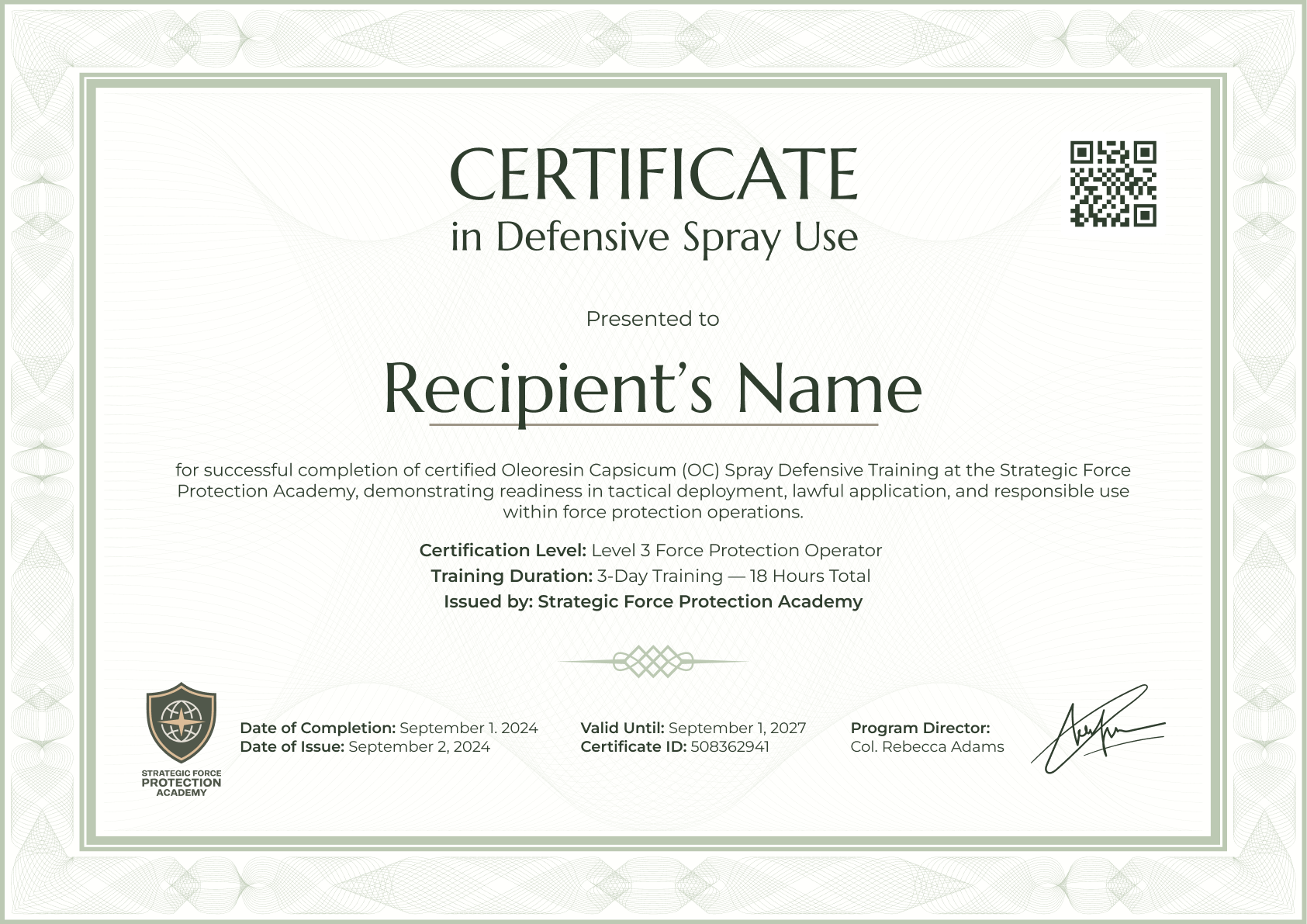Professional and patterned OC spray certificate template