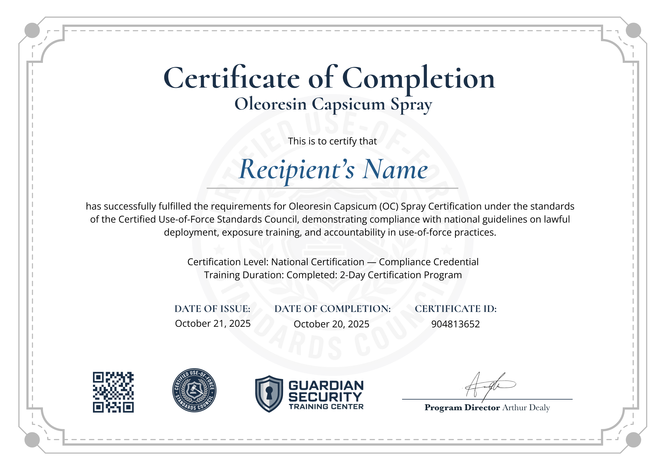 Formal and traditional OC spray certificate template