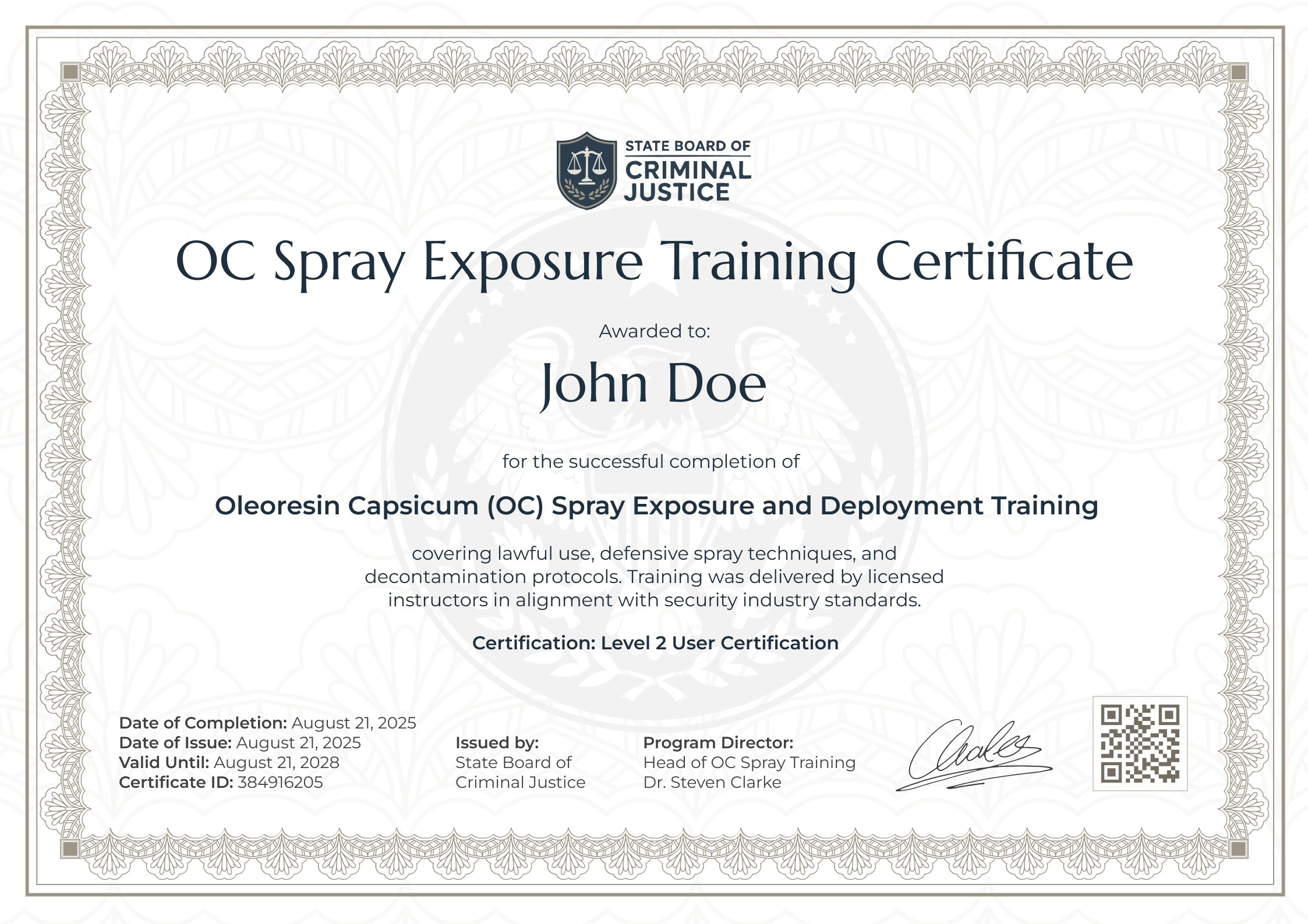 Formal and official OC spray certificate template