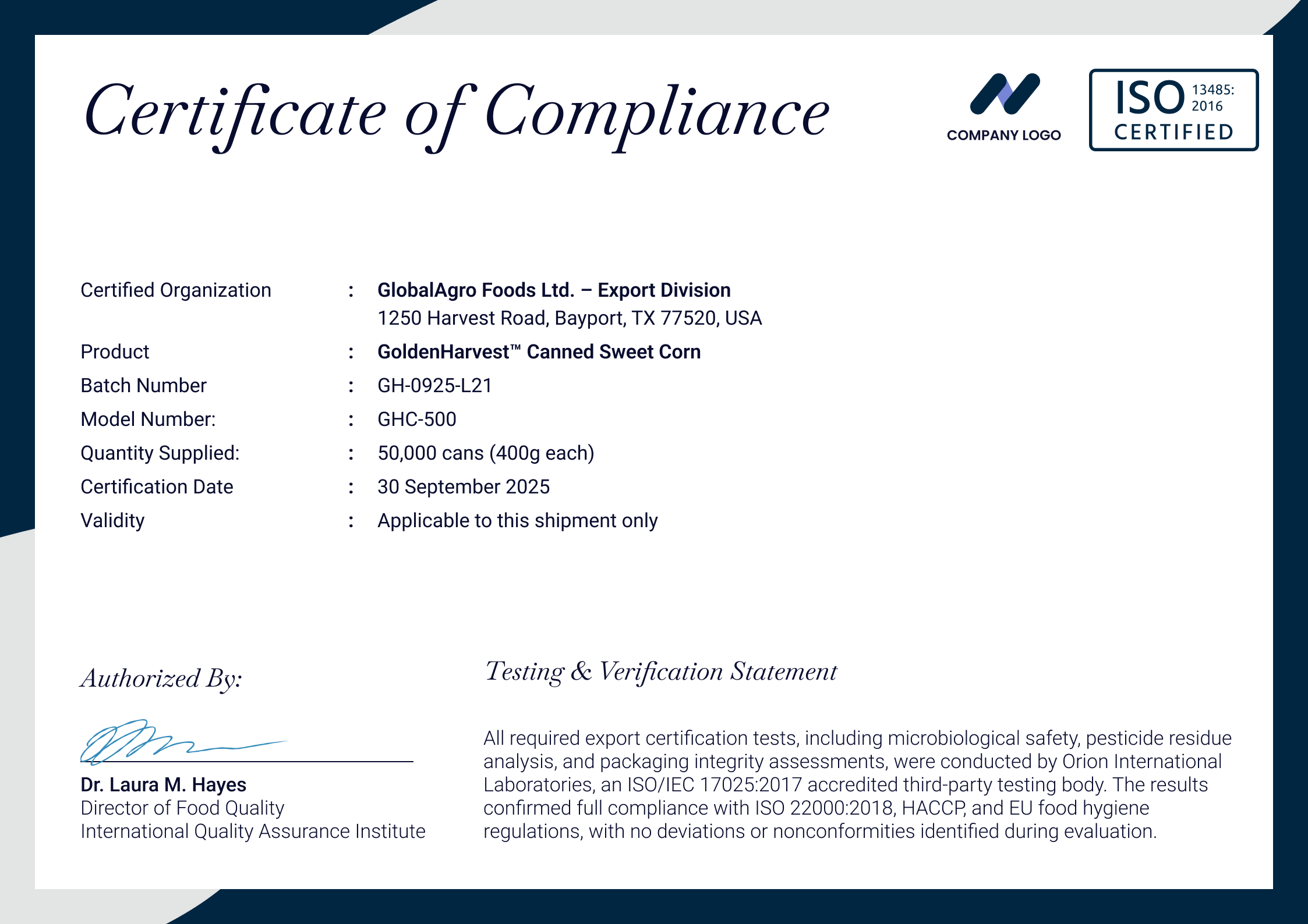 Professional and precise certificate of quality template