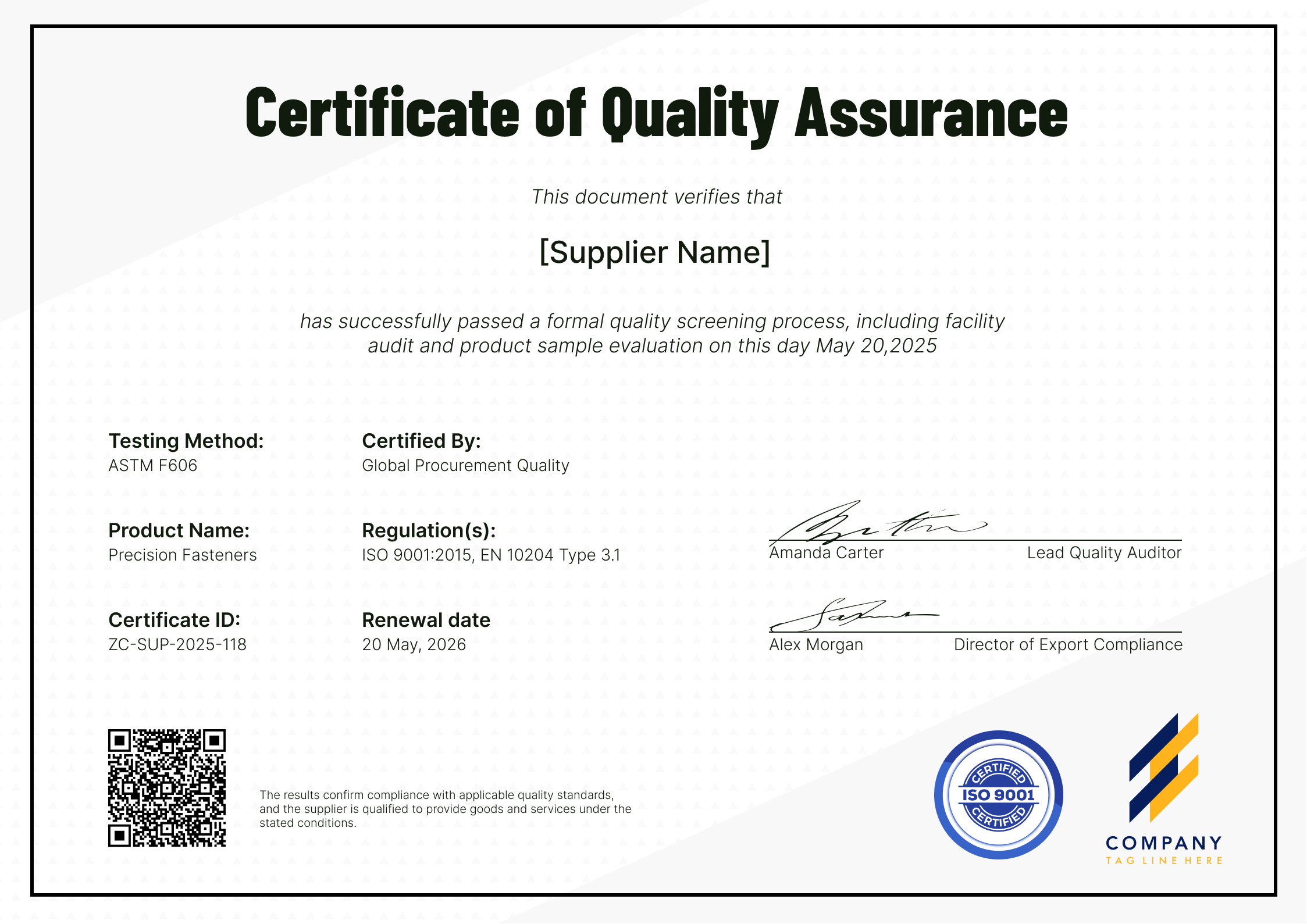 Professional and polished certificate of quality template