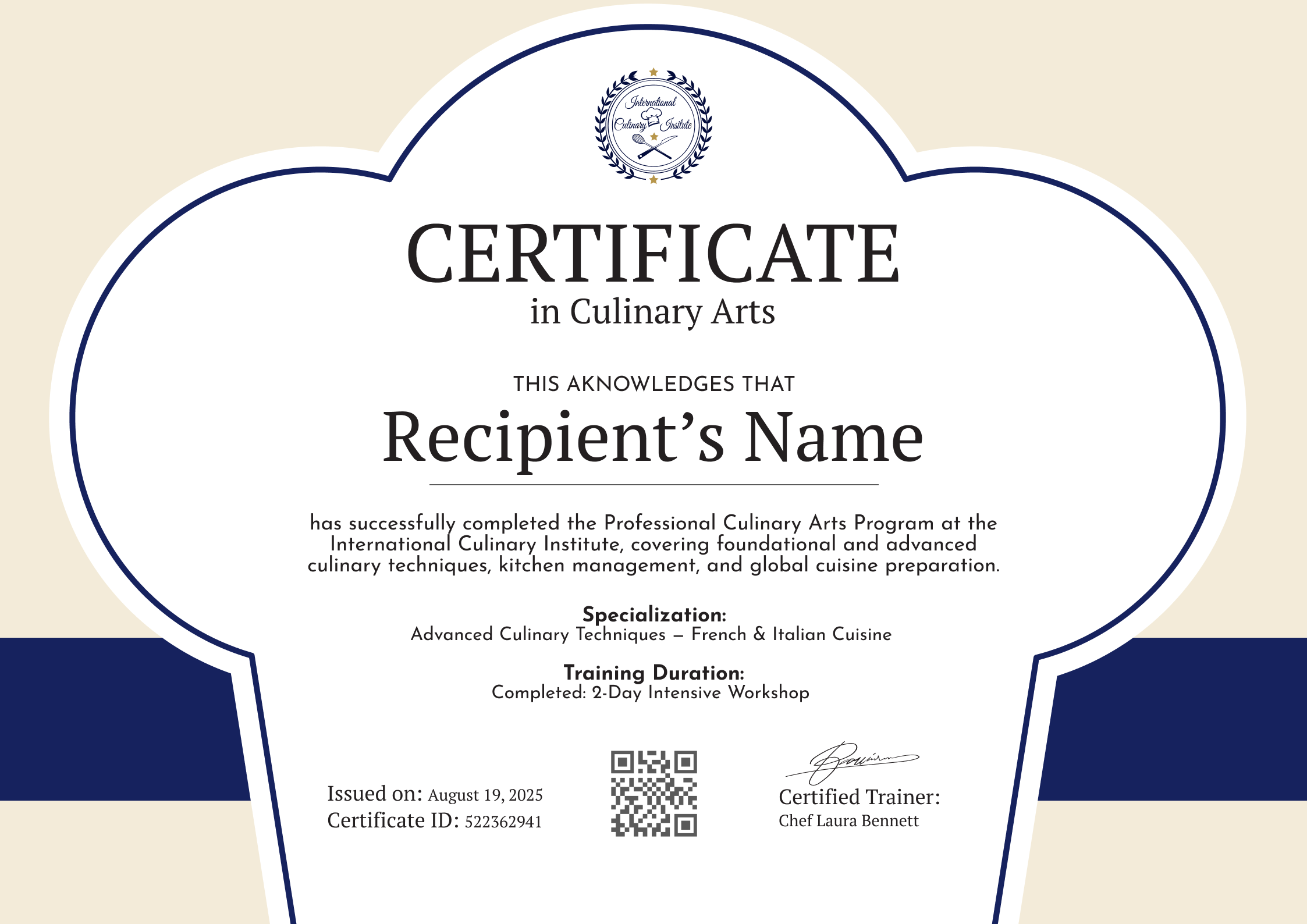 Modern and elegant culinary certificate template