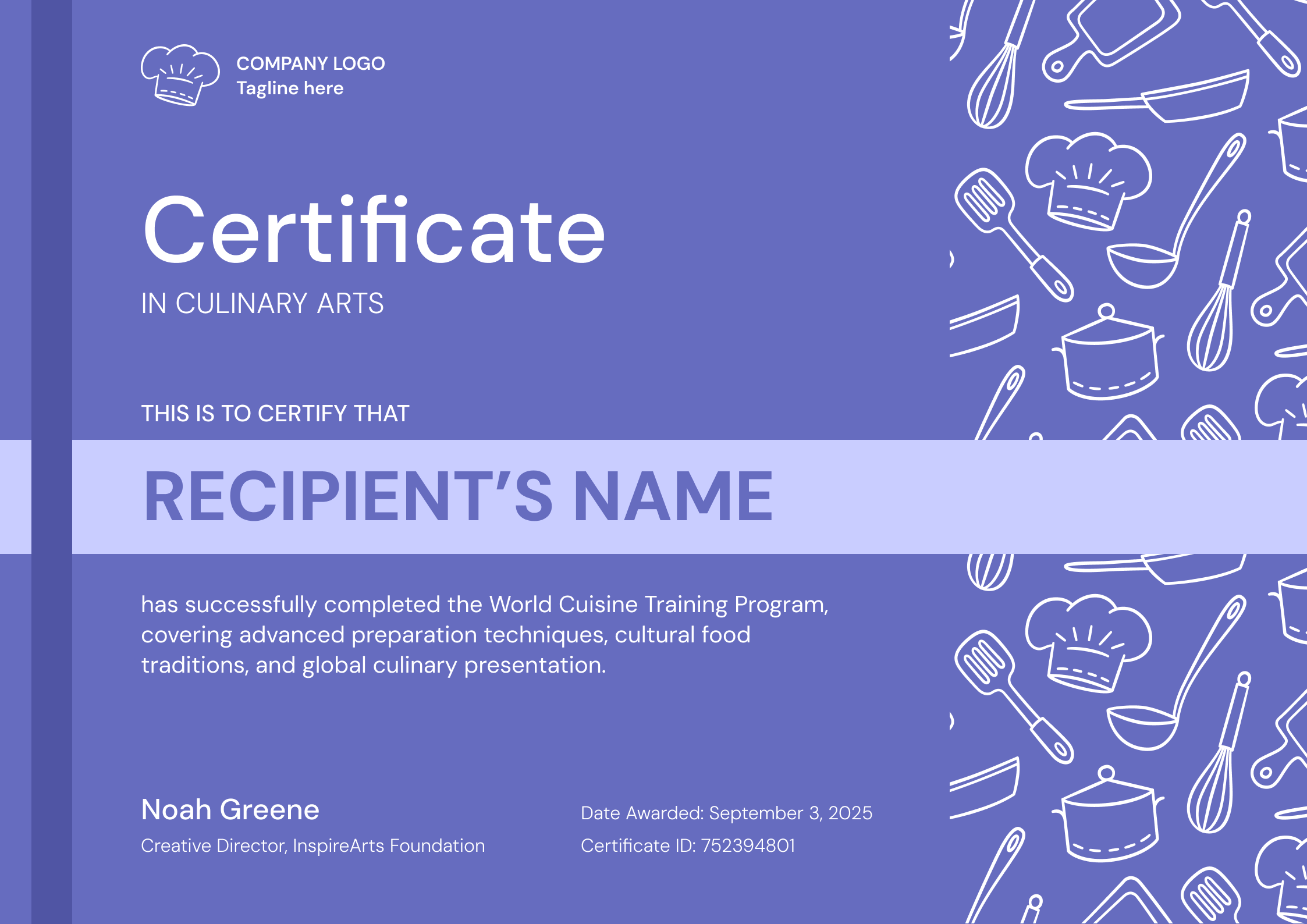 Modern and refined culinary certificate template