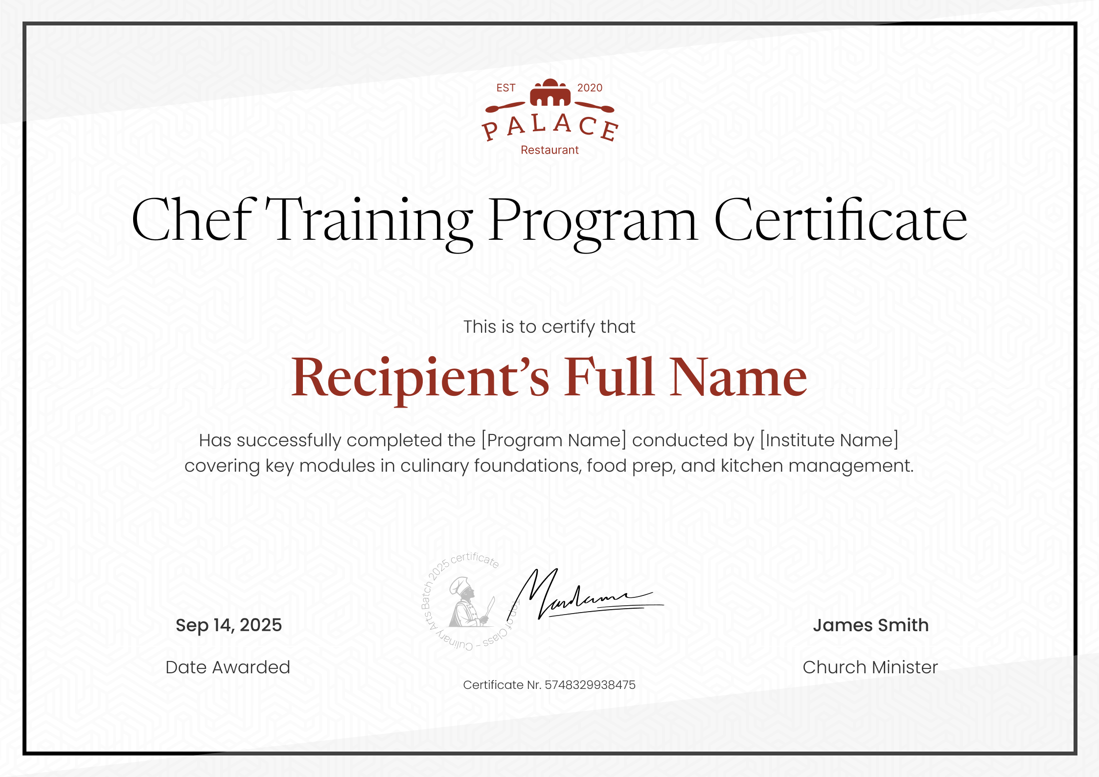 Simple and polished culinary certificate template