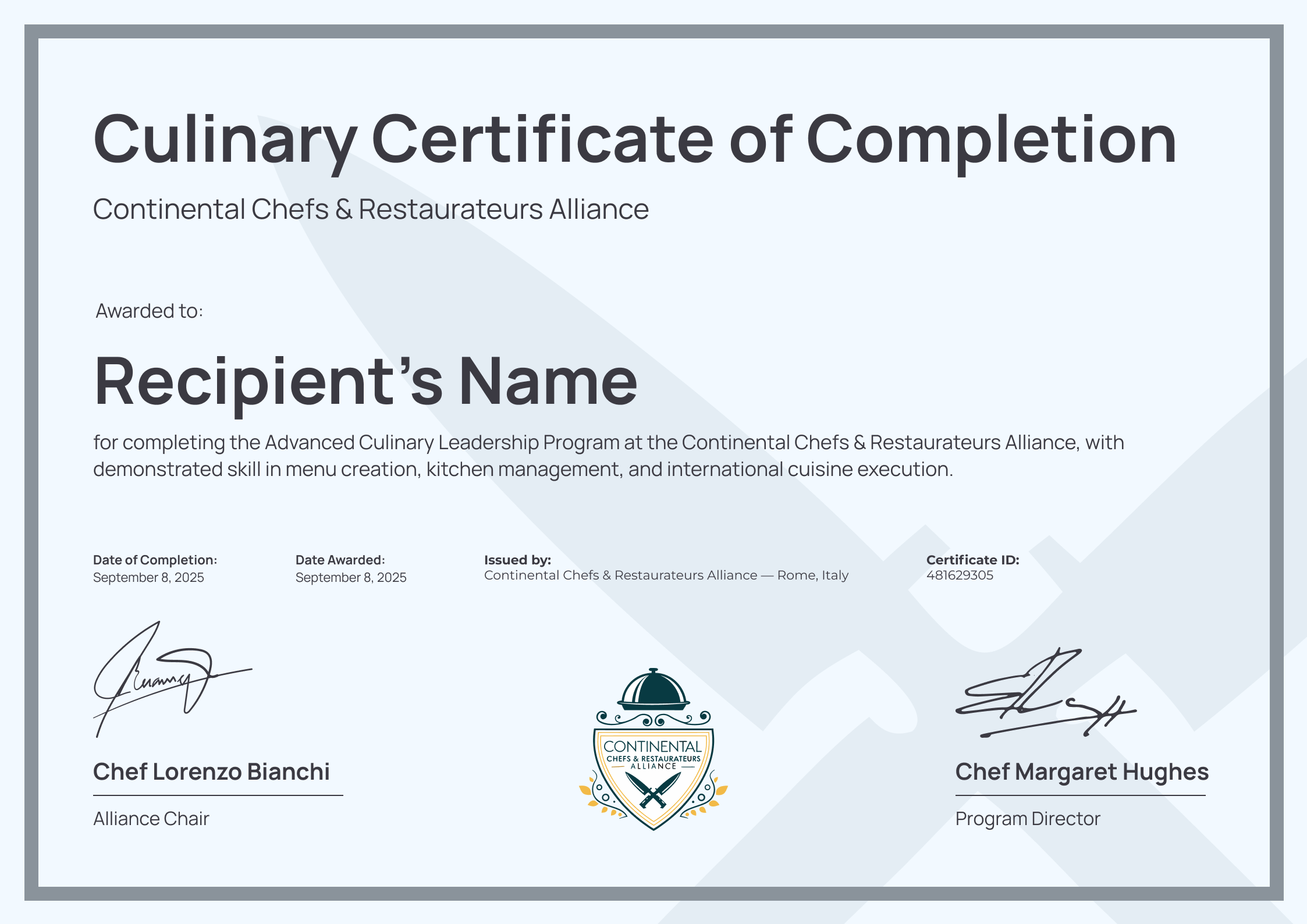 Professional and crisp culinary certificate template