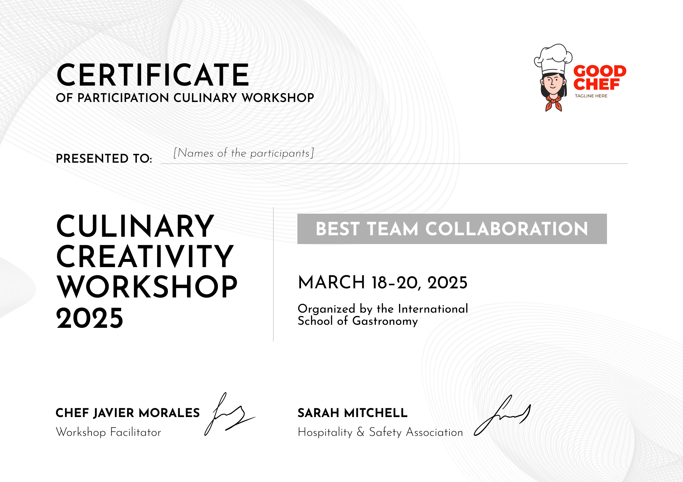 Professional and neutral culinary certificate template