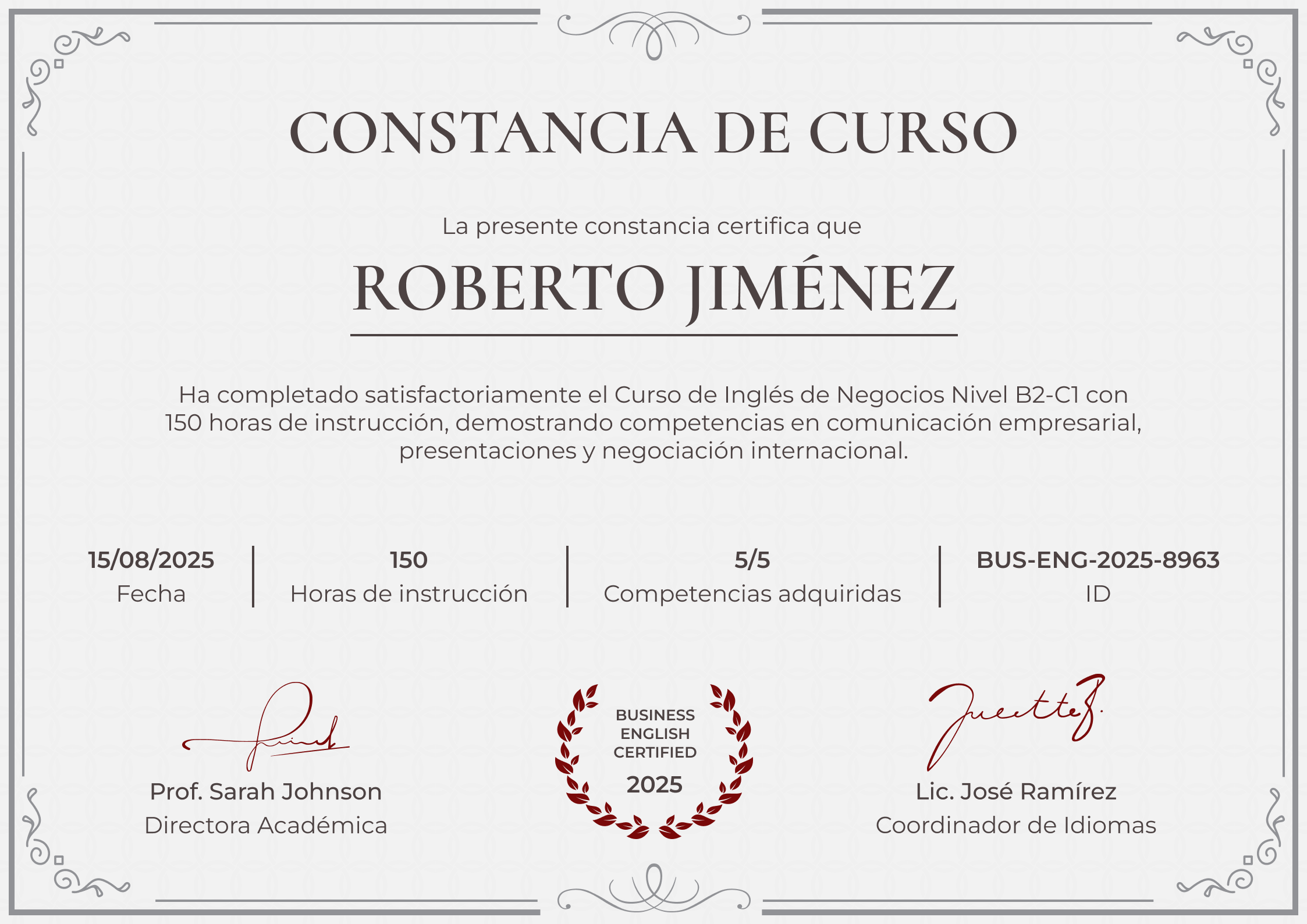 Modelo de certificado de curso formal y armonioso