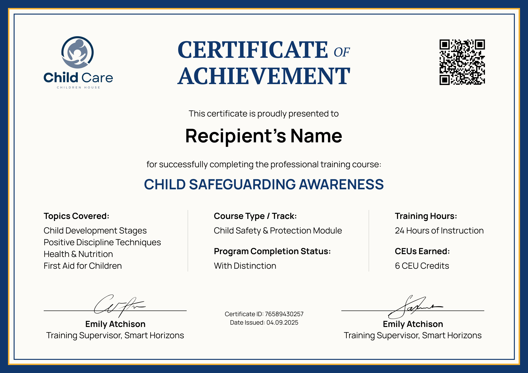 Professional and elegant child care certificate template