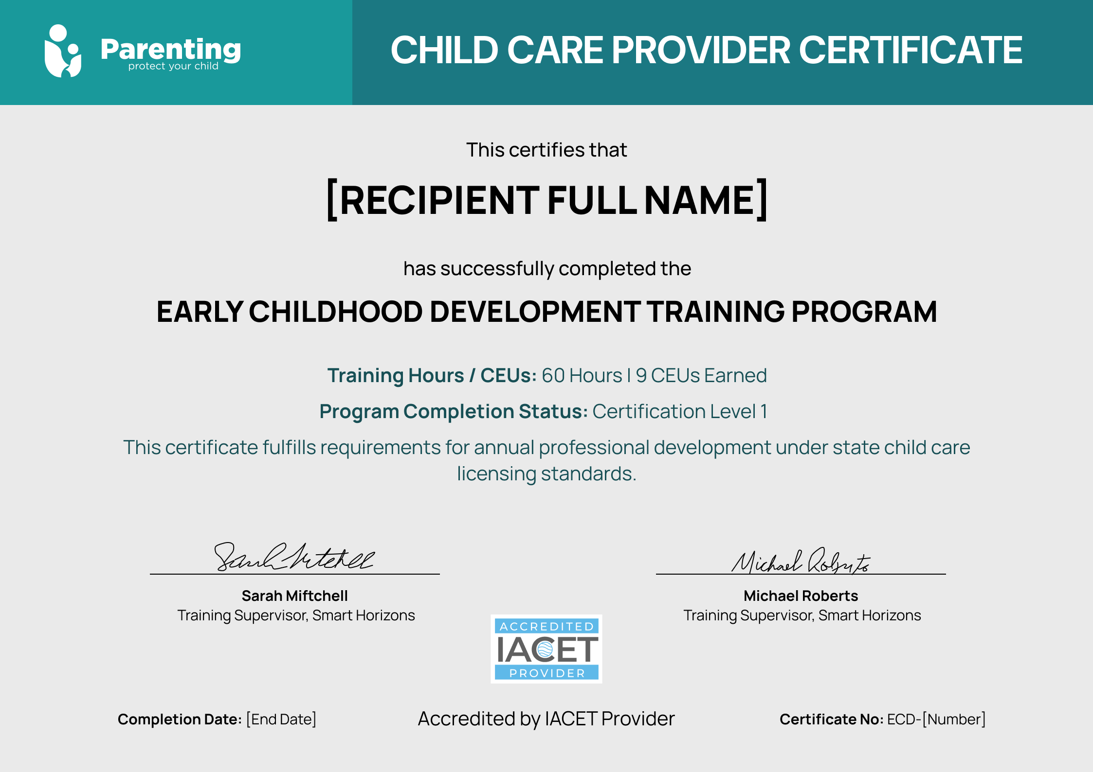 Professional and minimalist child care certificate template