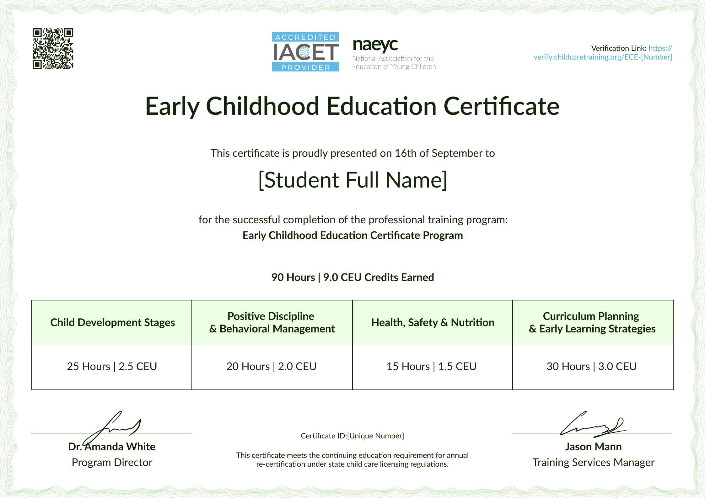 Formal and structured child care certificate template