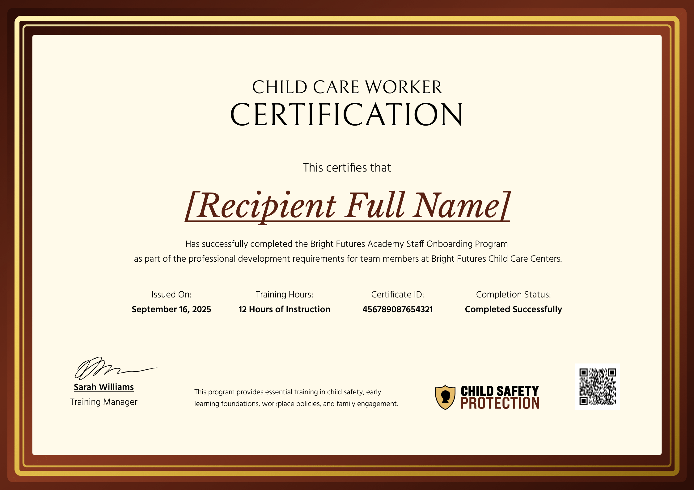 Formal and subtle child care certificate template