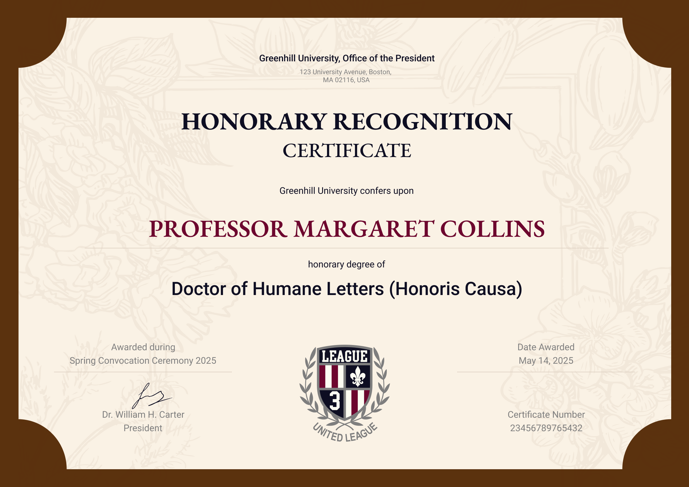 Professional and distinguished honorary certificate template