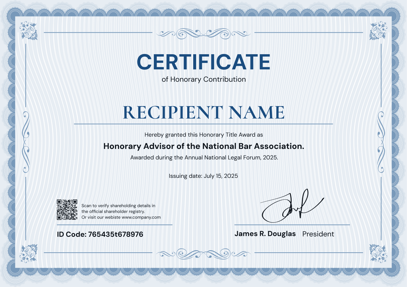 Formal and elegant honorary certificate template
