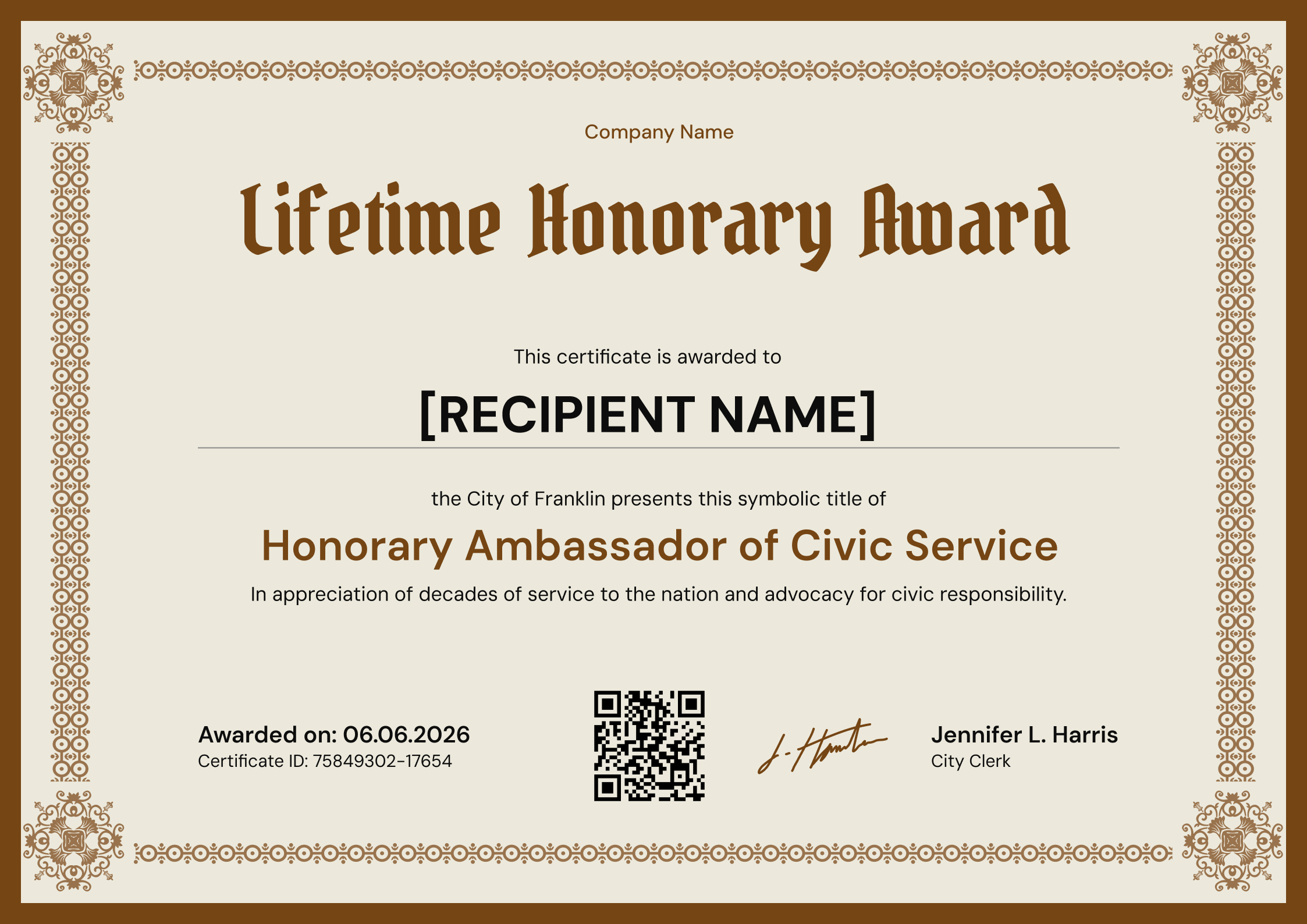 Formal and decorative honorary certificate template