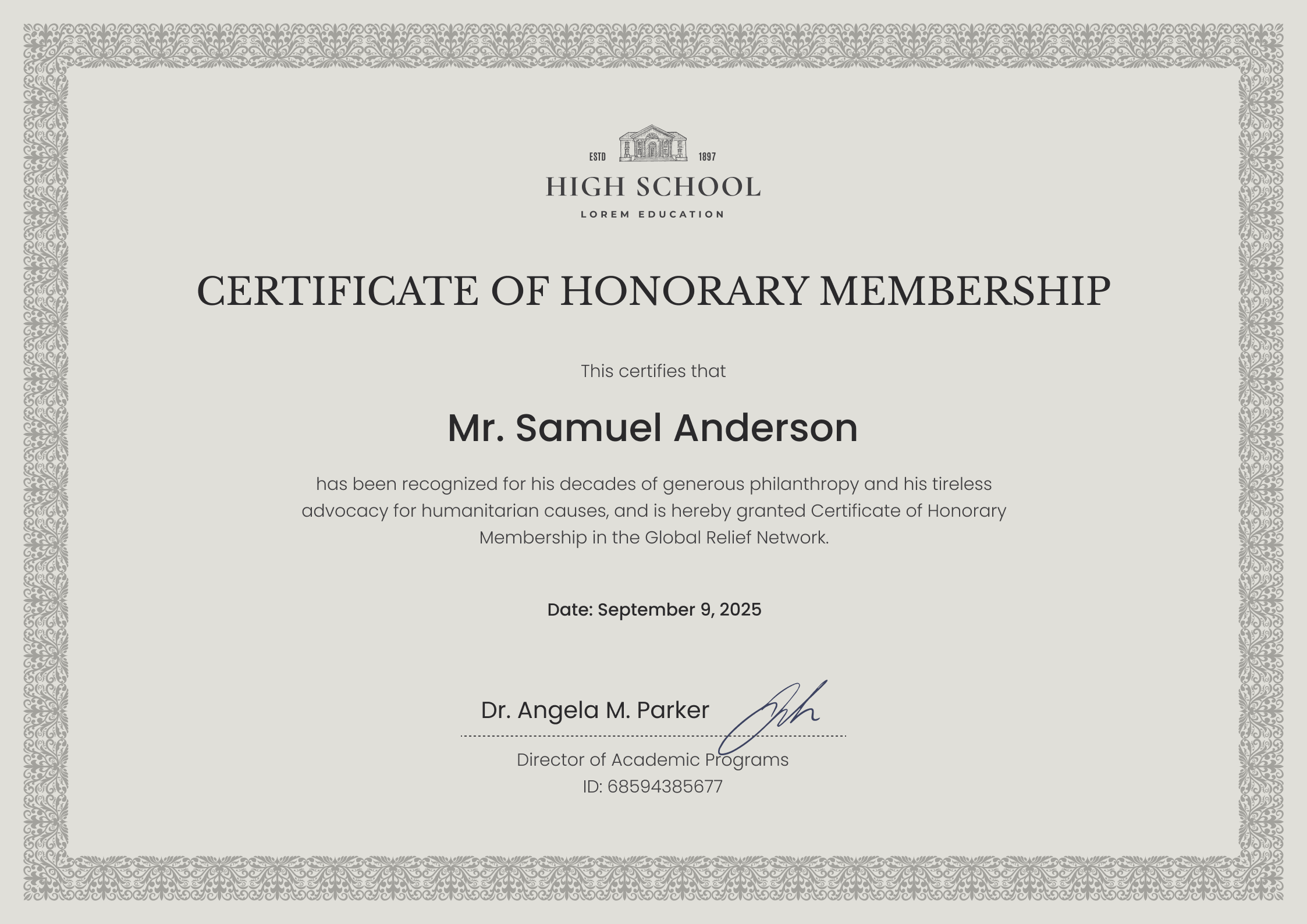 Formal and subtle honorary certificate template
