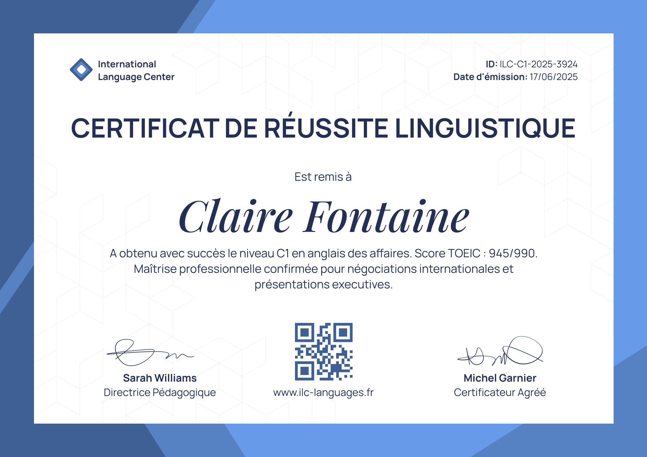 Certificat de réussite universel et simple