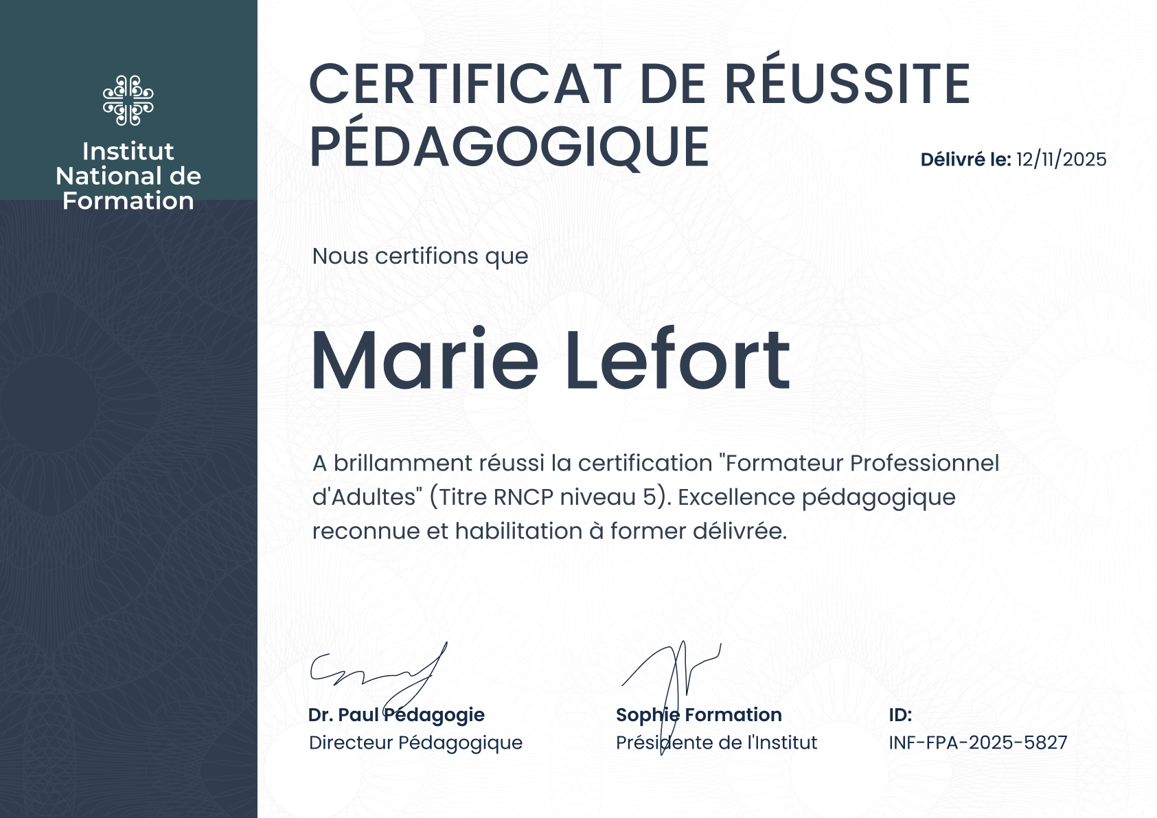 Certificat de réussite structuré et professionnel