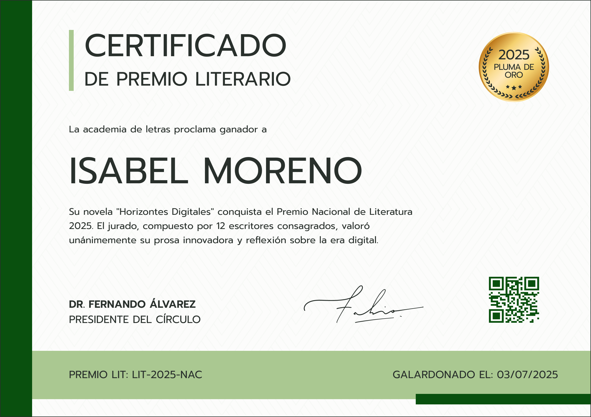Modelo de certificado de premio profesional y estructurado