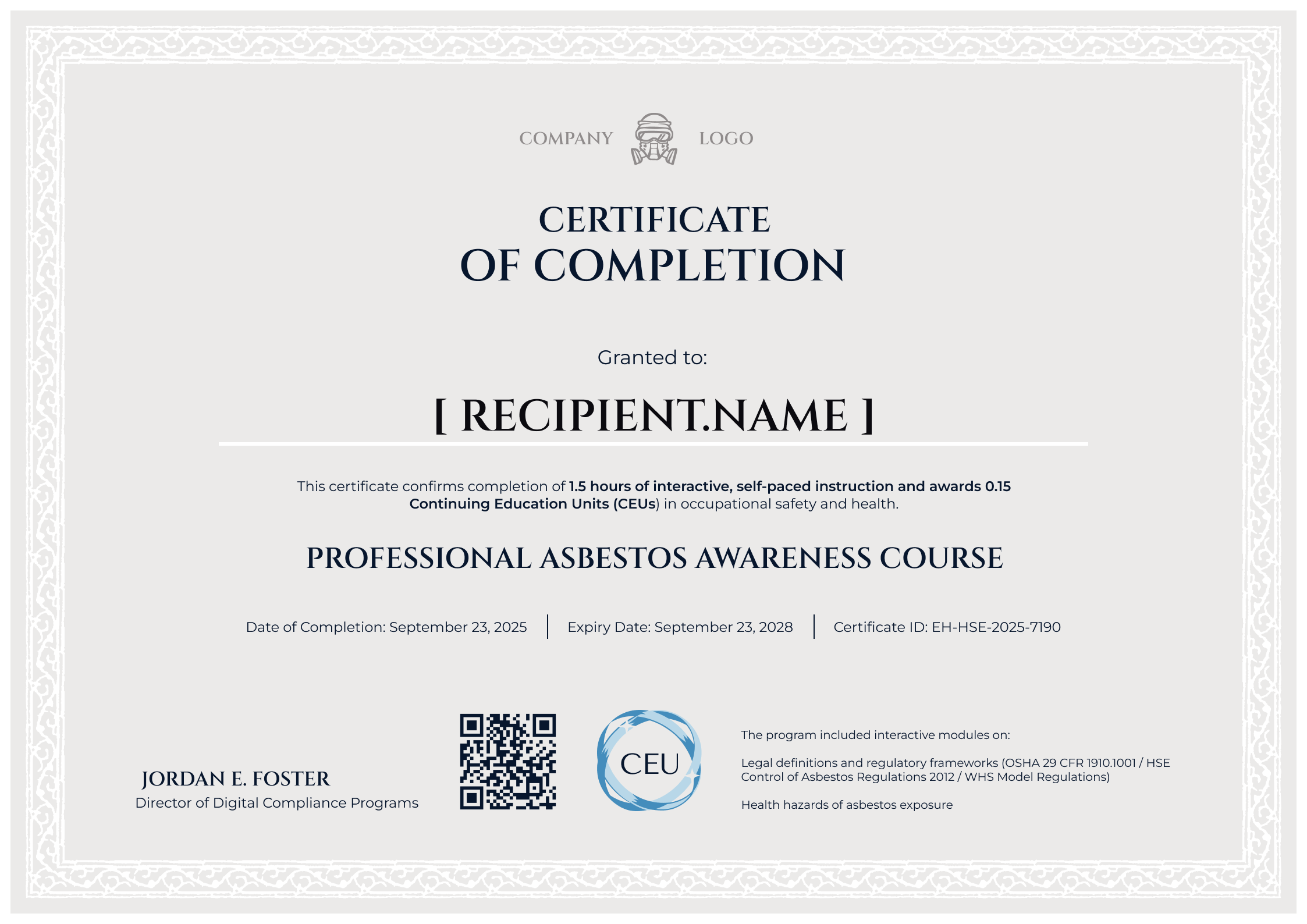 Formal and elegant asbestos awareness training certificate template