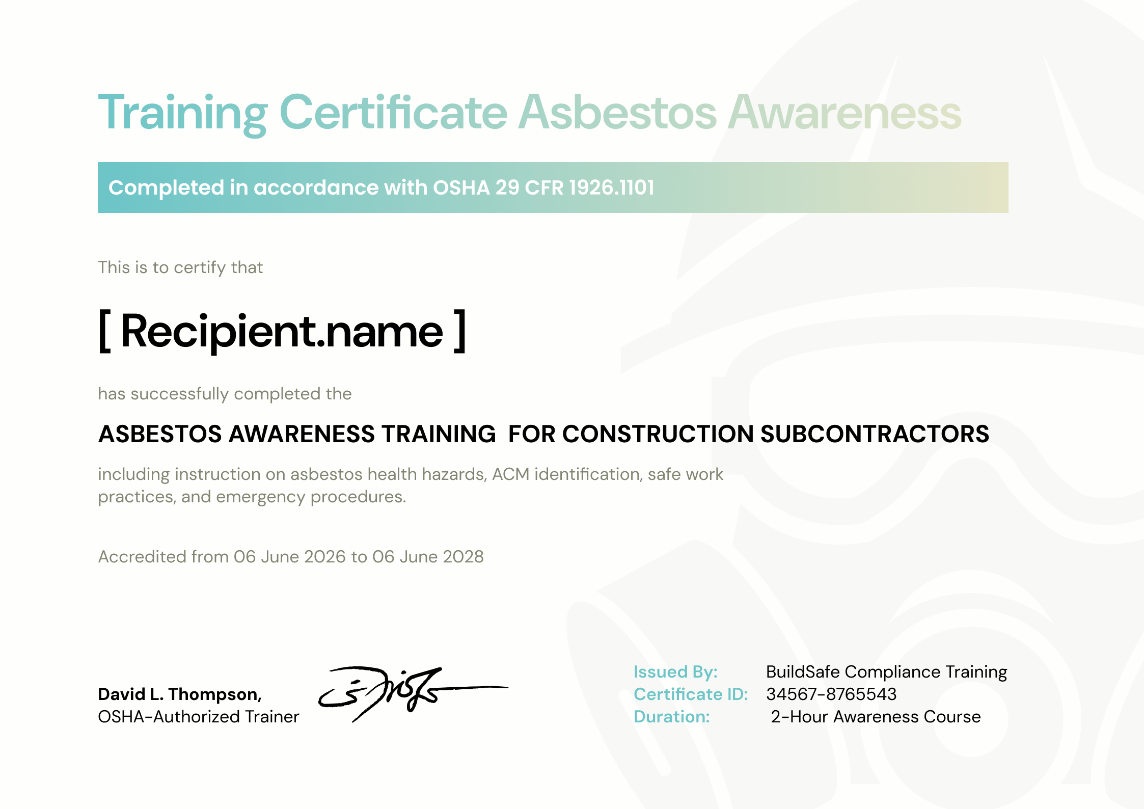 Simple and minimal asbestos awareness training certificate template