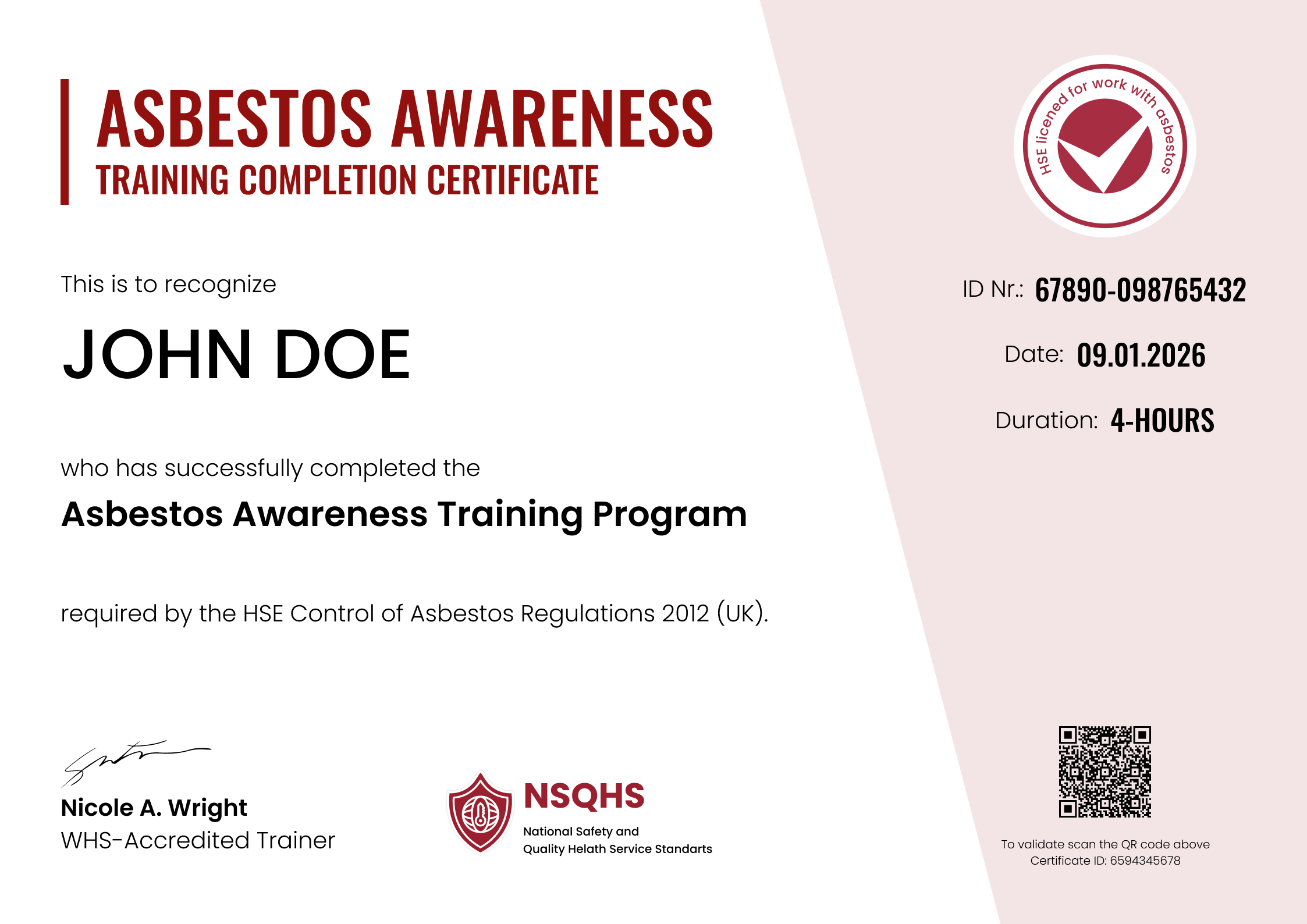 Simple and striking asbestos awareness training certificate template