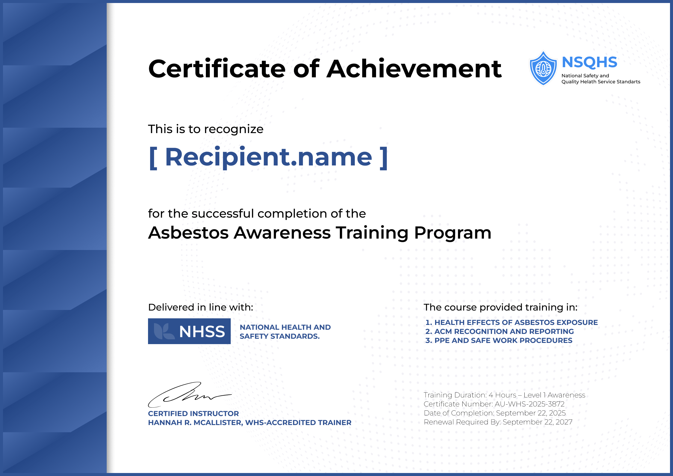Professional and polished asbestos awareness training certificate template
