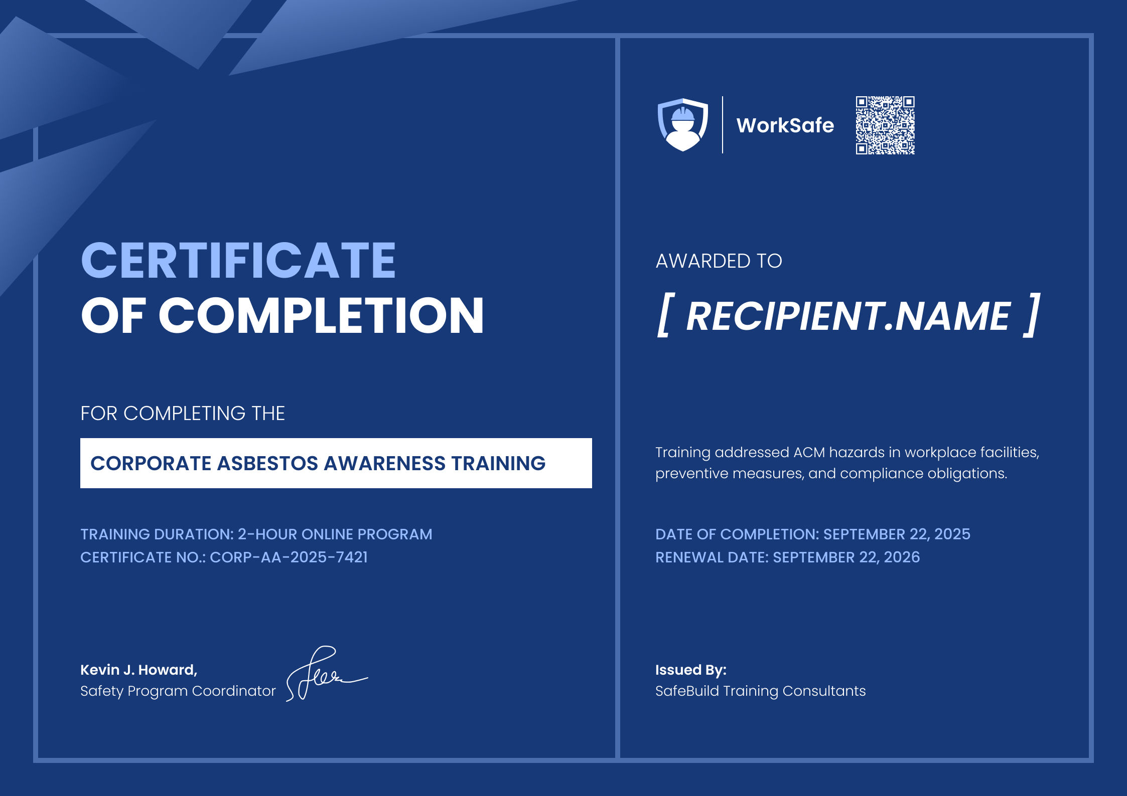 Professional and structured asbestos awareness training certificate ...
