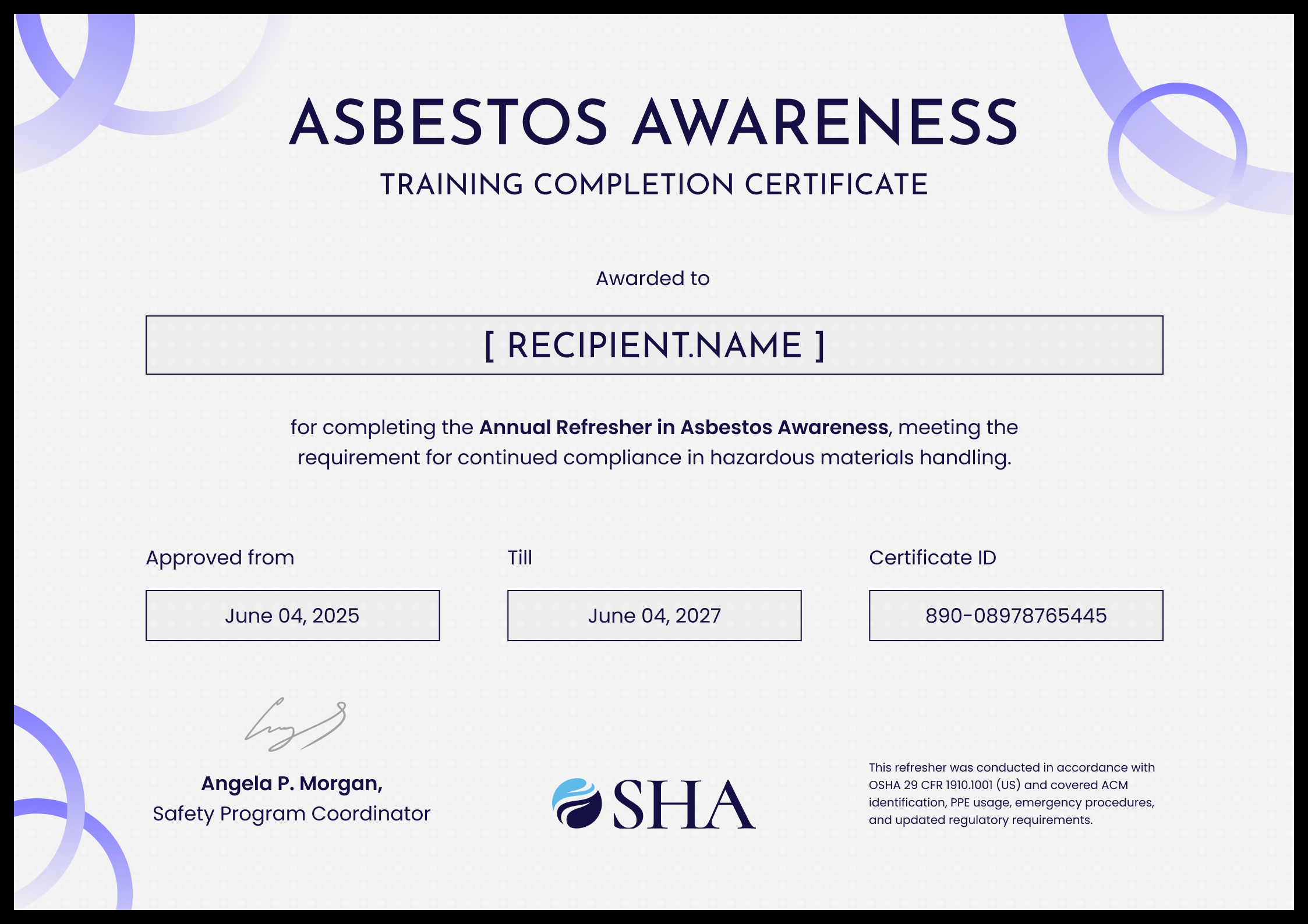 Modern and approachable asbestos awareness training certificate template