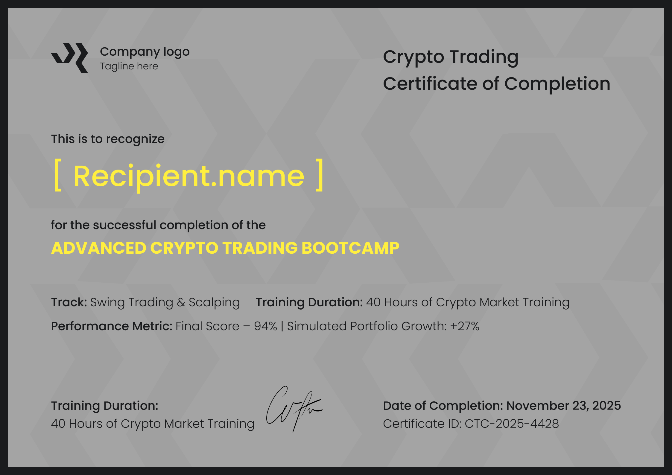 Modern and refined crypto trading certificate template