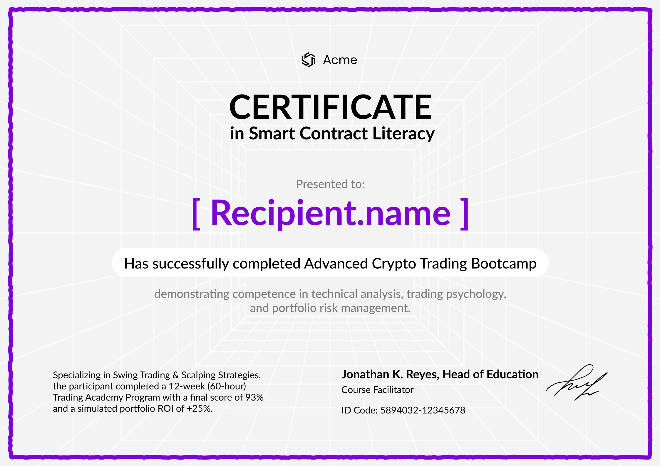 Simple and balanced crypto trading certificate template