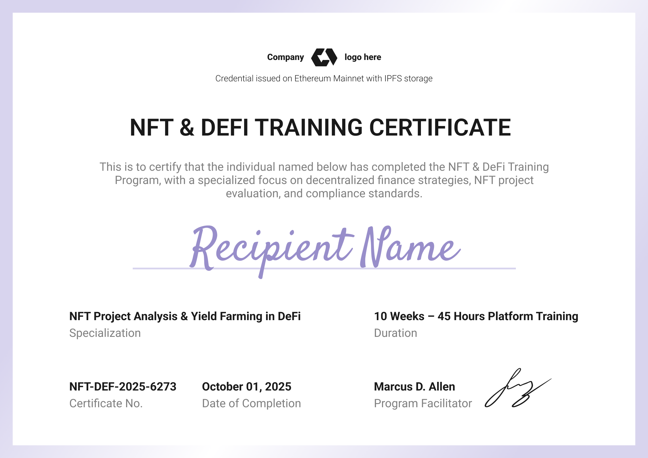 Simple and expressive crypto trading certificate template