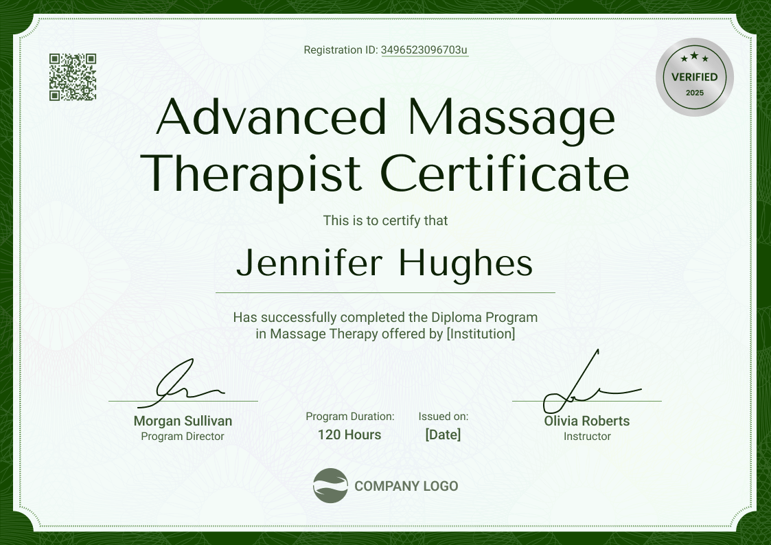 Modern and fresh massage therapist certificate template