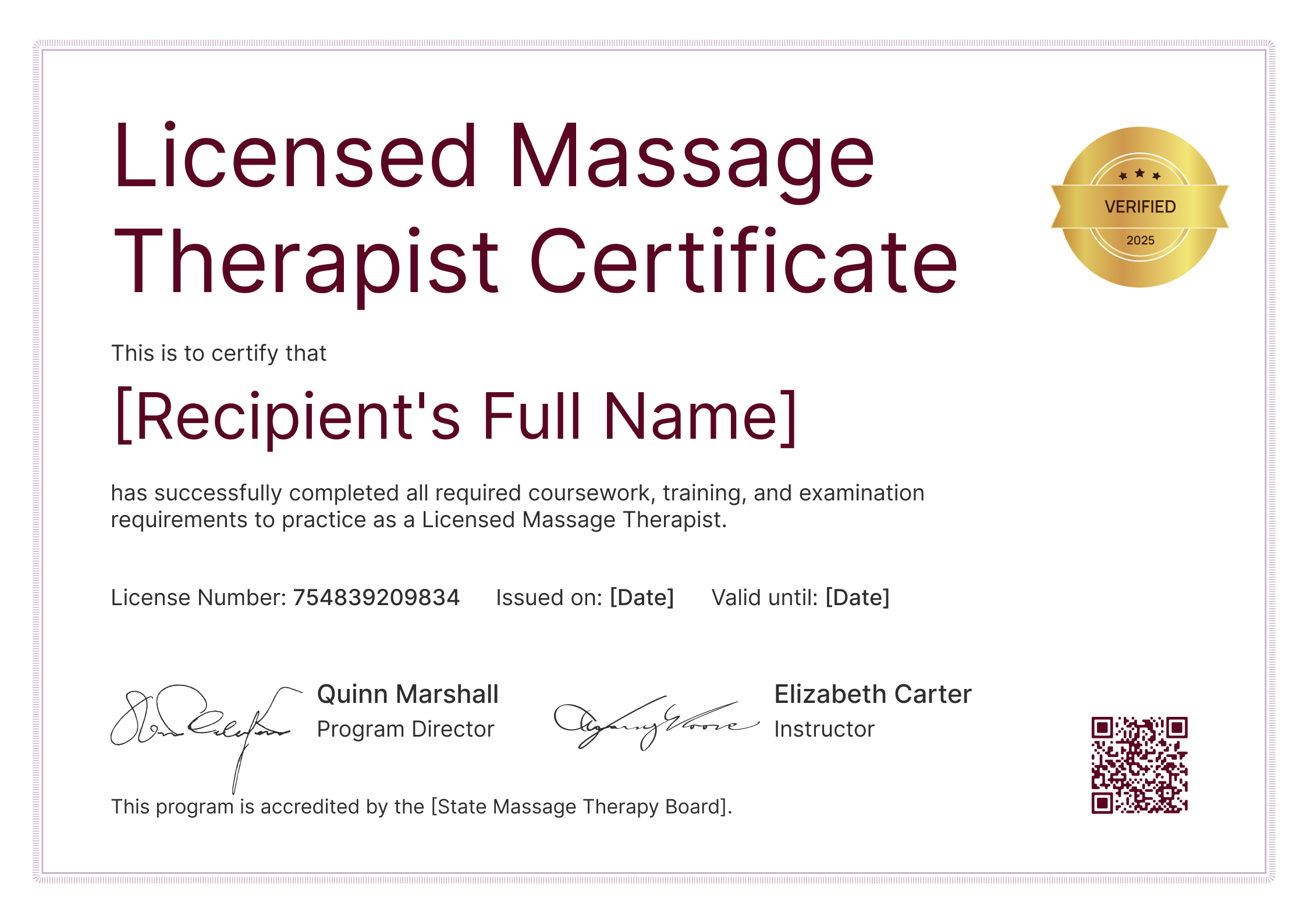 Formal and distinguished massage therapist certificate template