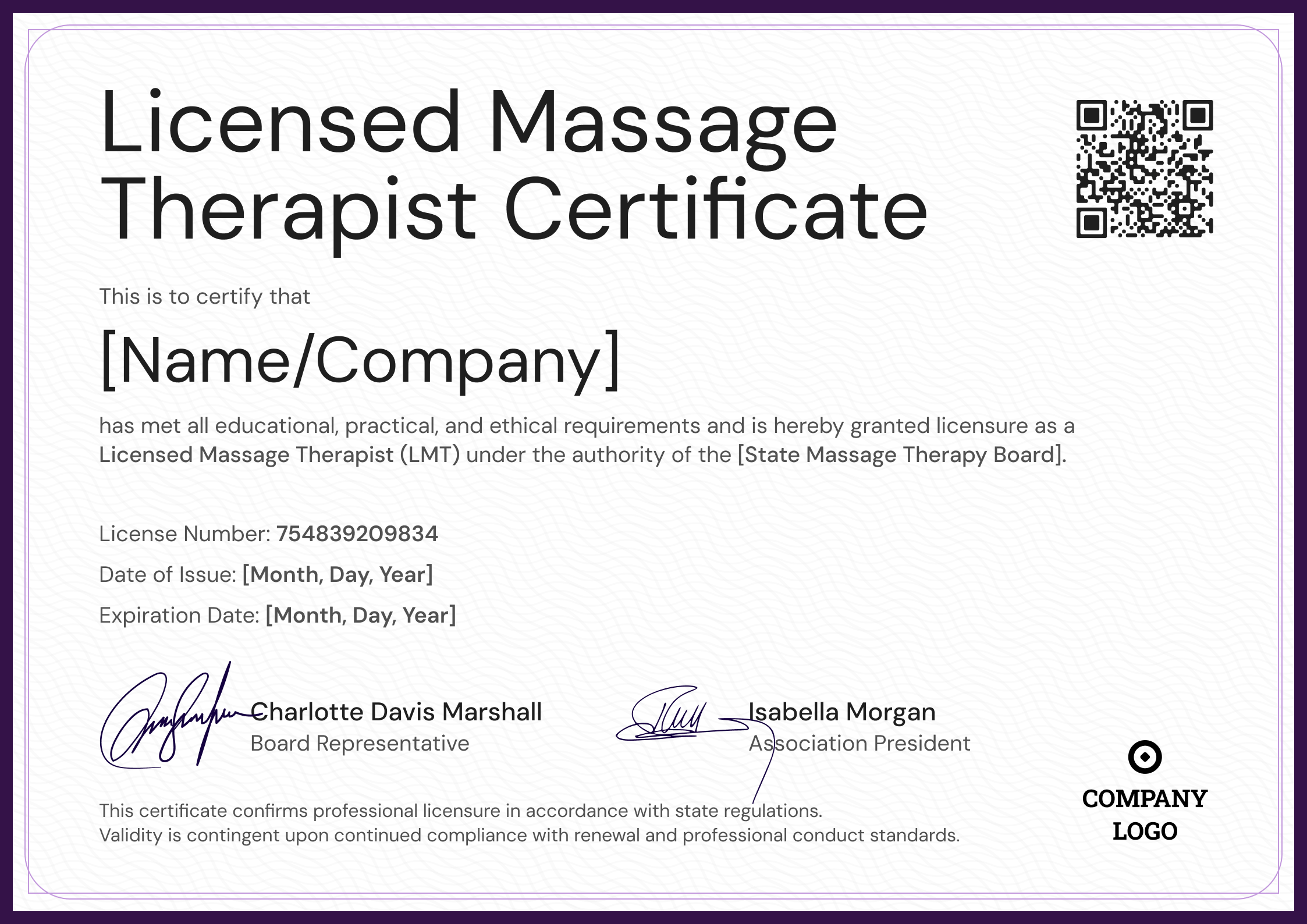 Modern and minimal massage therapist certificate template
