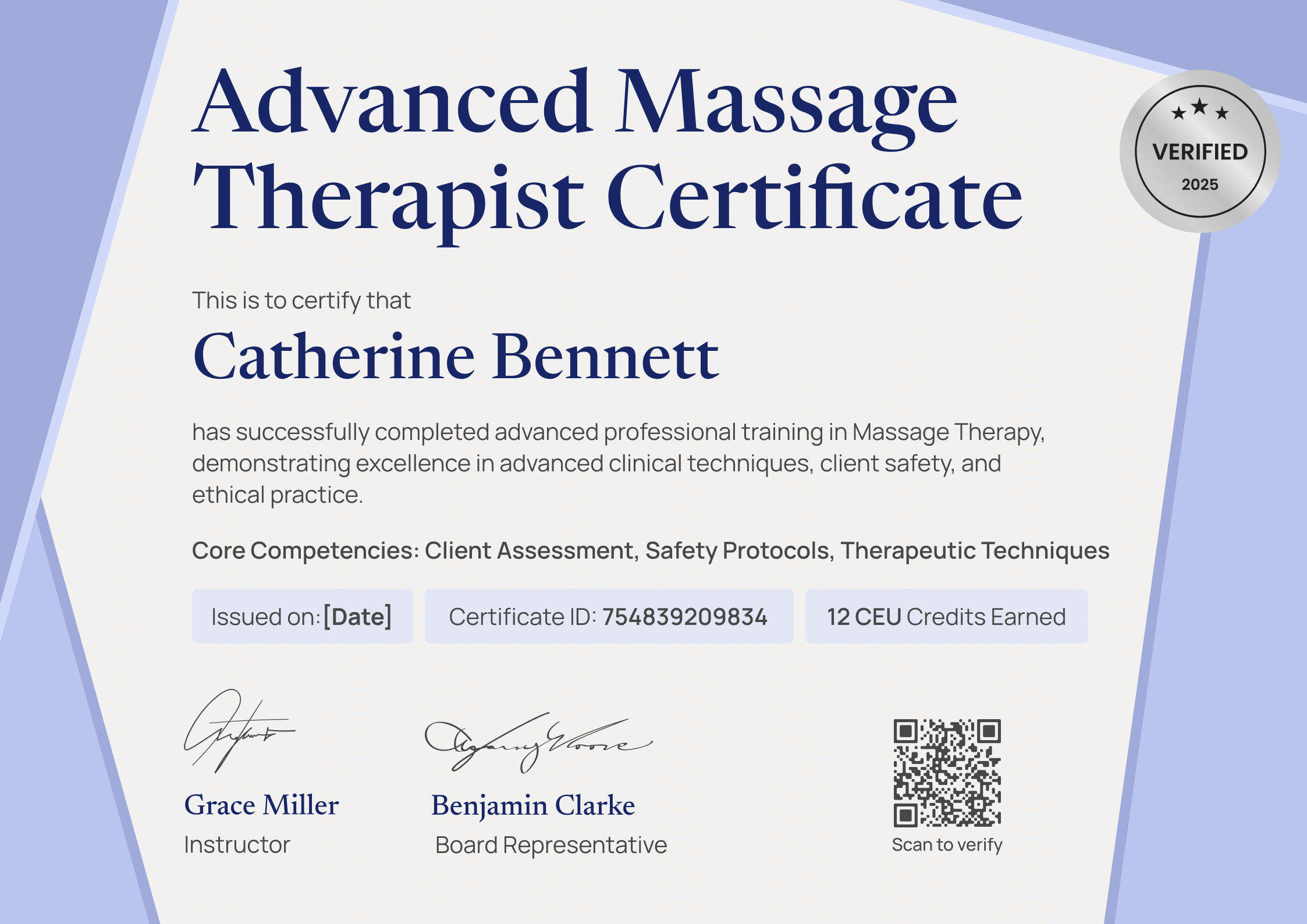 Modern and structured massage therapist certificate template