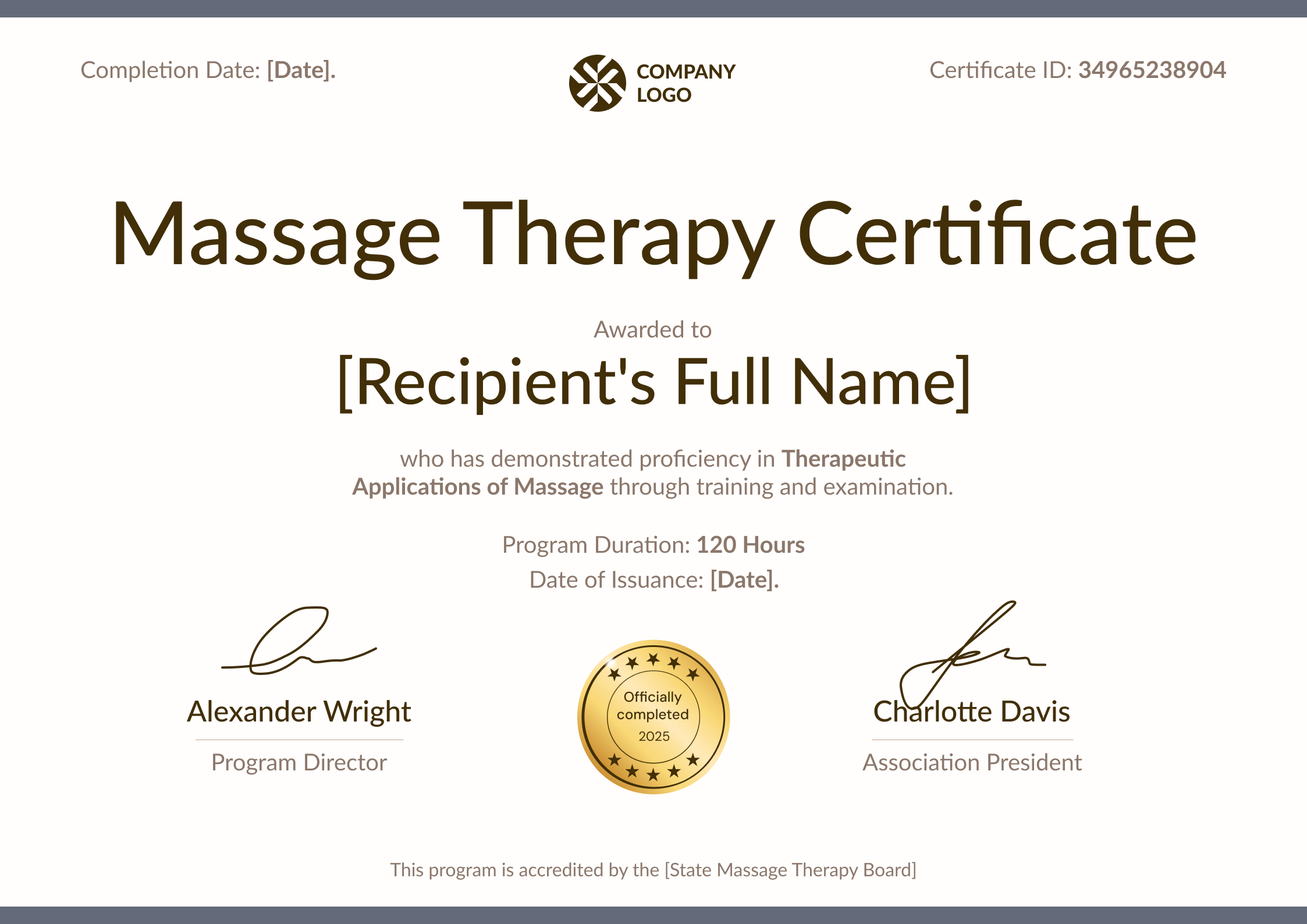 Professional and classic massage therapist certificate template