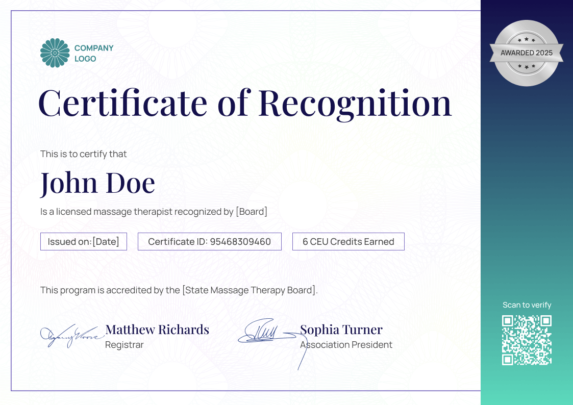 Formal and accredited massage therapist certificate template