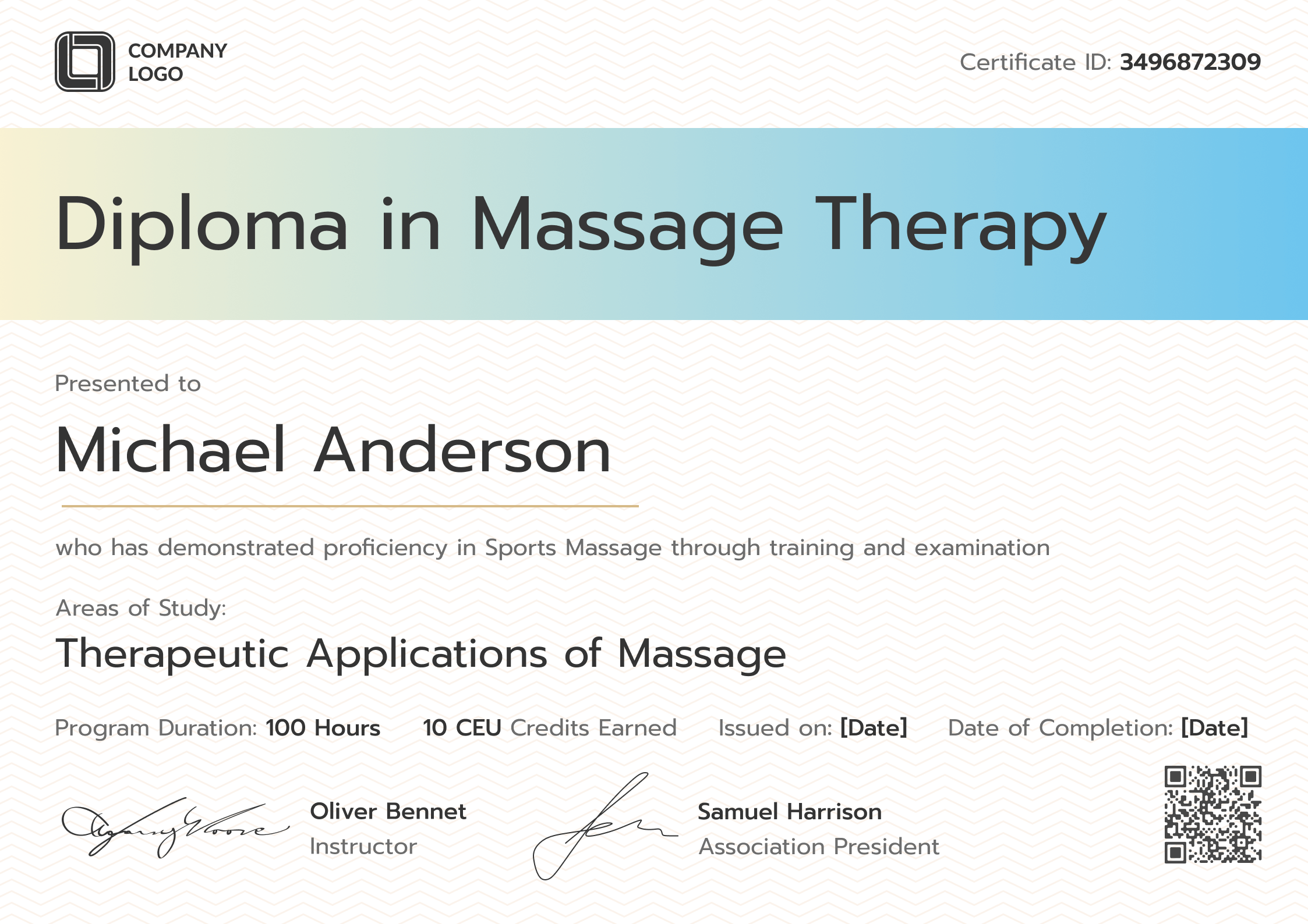 Professional and clean massage therapist certificate template