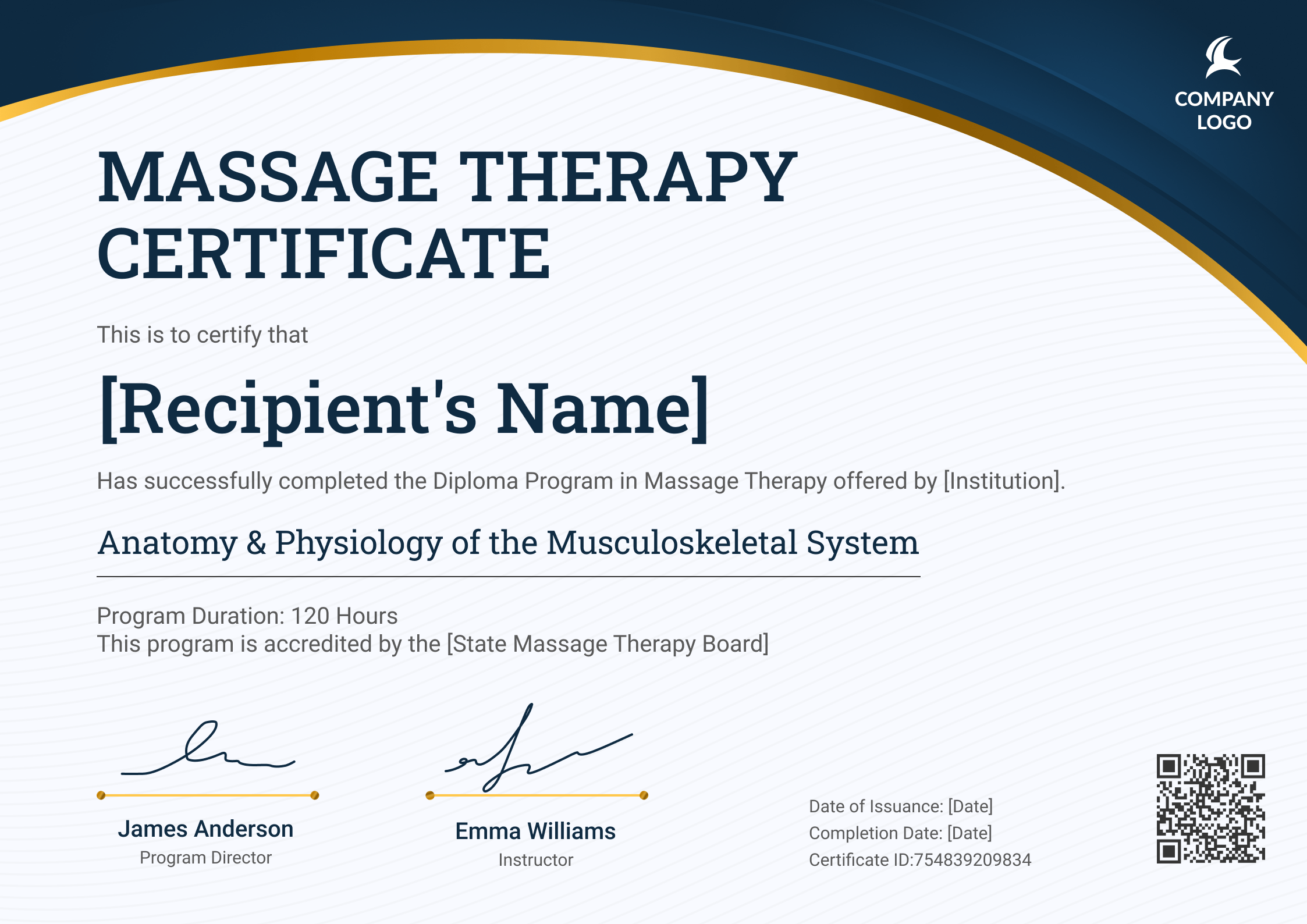 Professional and timeless massage therapist certificate template